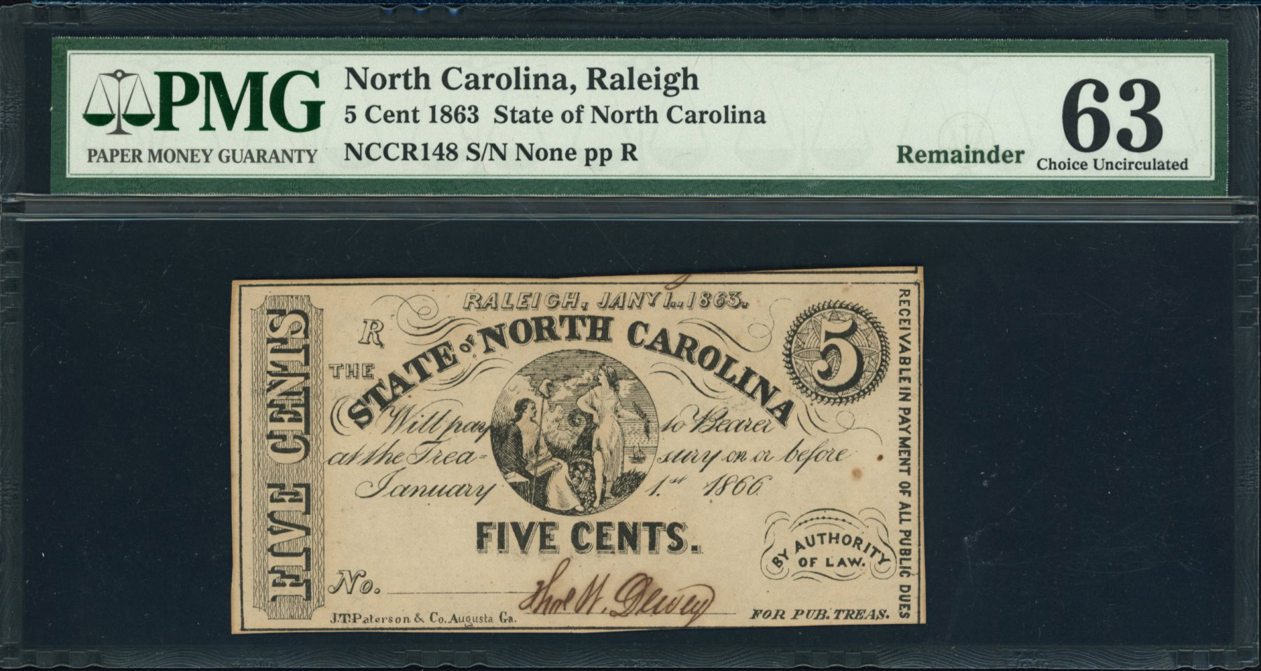 1863 Raleigh, North Carolina State of North Carolina 5 Cents Remainder ...