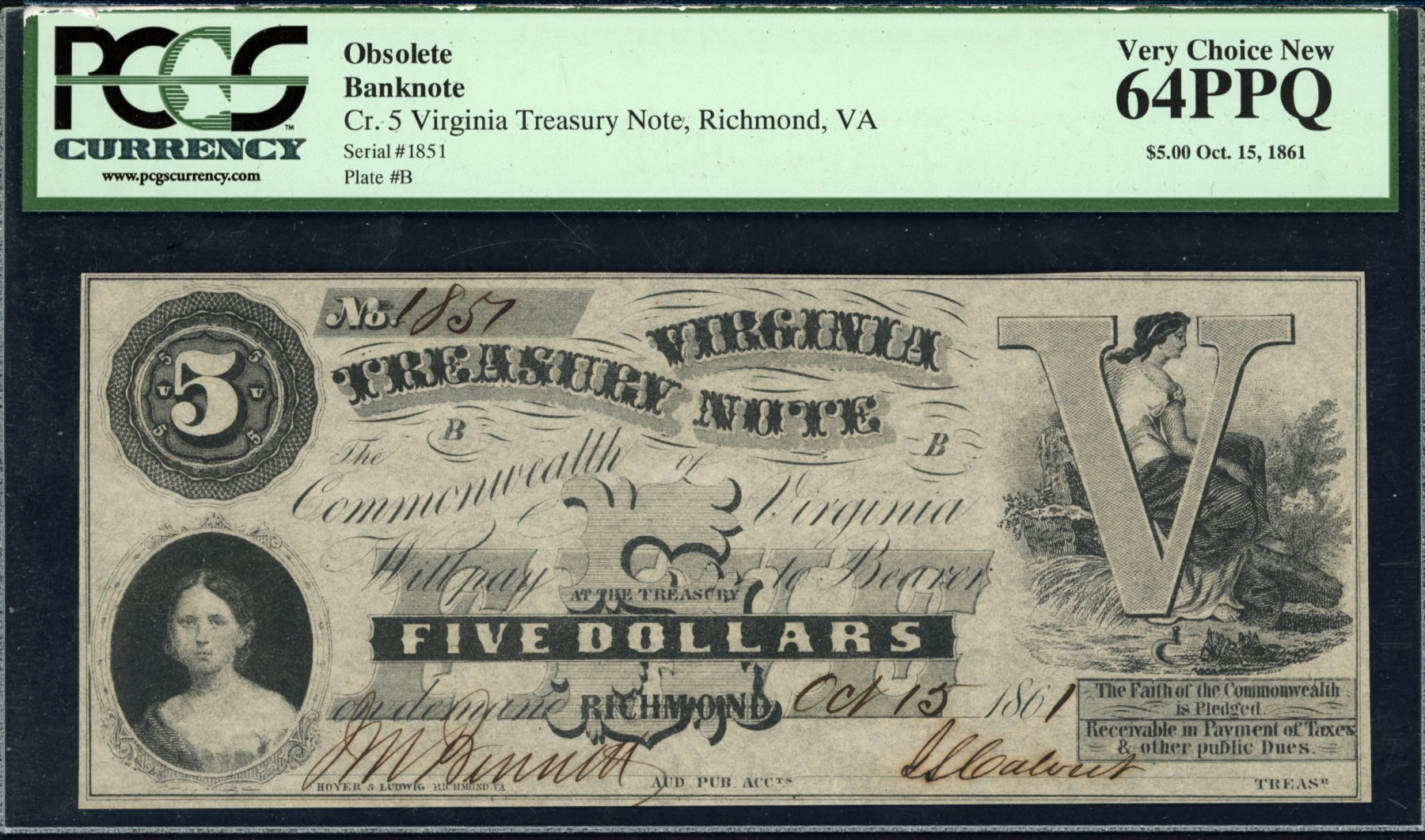 Oct. 15, 1861 Richmond, Virginia $5 Virginia Treasury Note PCGS ...