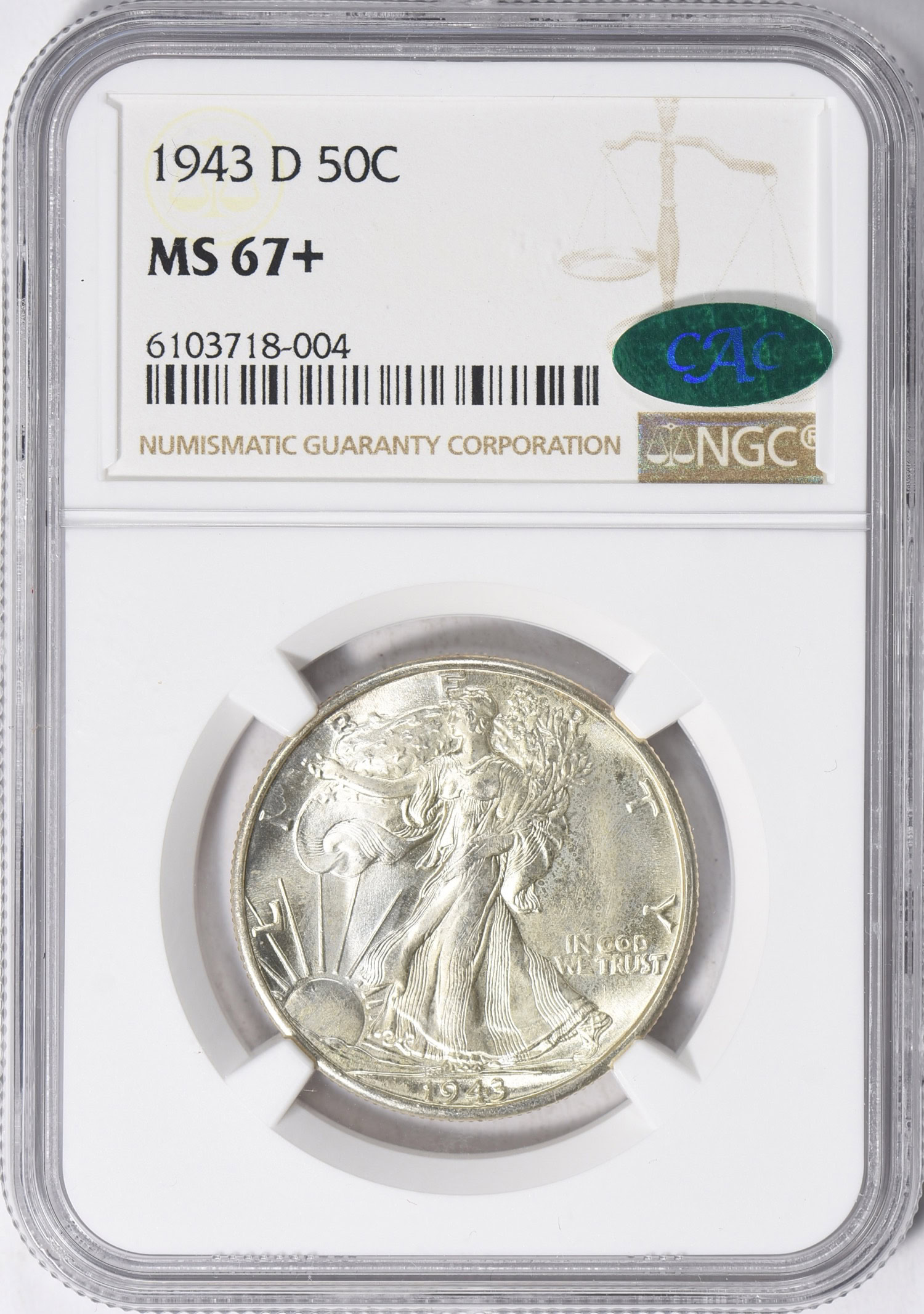 1943-D Walking Liberty Half Dollar NGC MS-67+ (CAC Green) (Item 1626554) | GreatCollections Coin ...