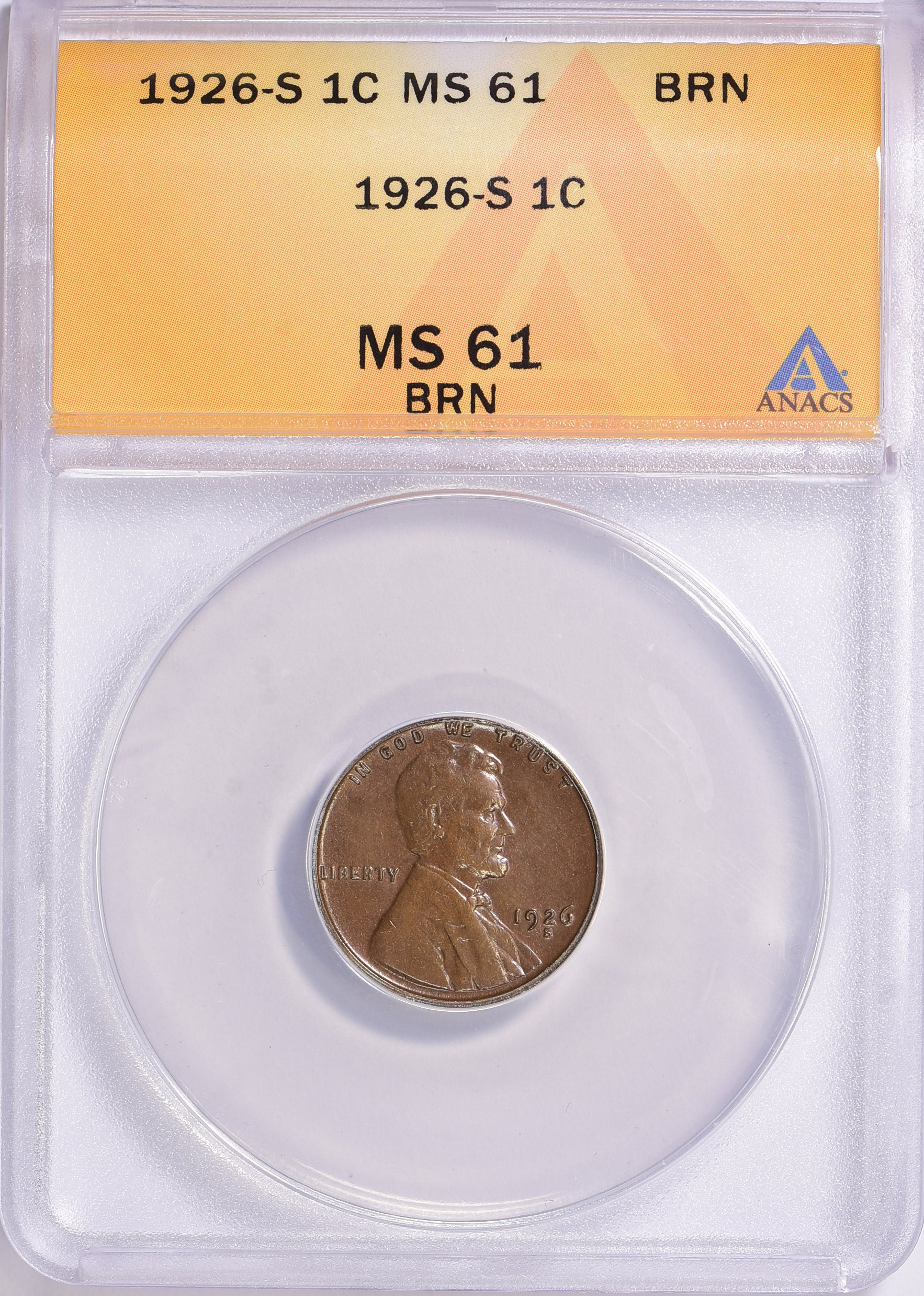 1926-S Lincoln Cent ANACS MS-61 BN (Item 1628127) | GreatCollections Coin Auctions