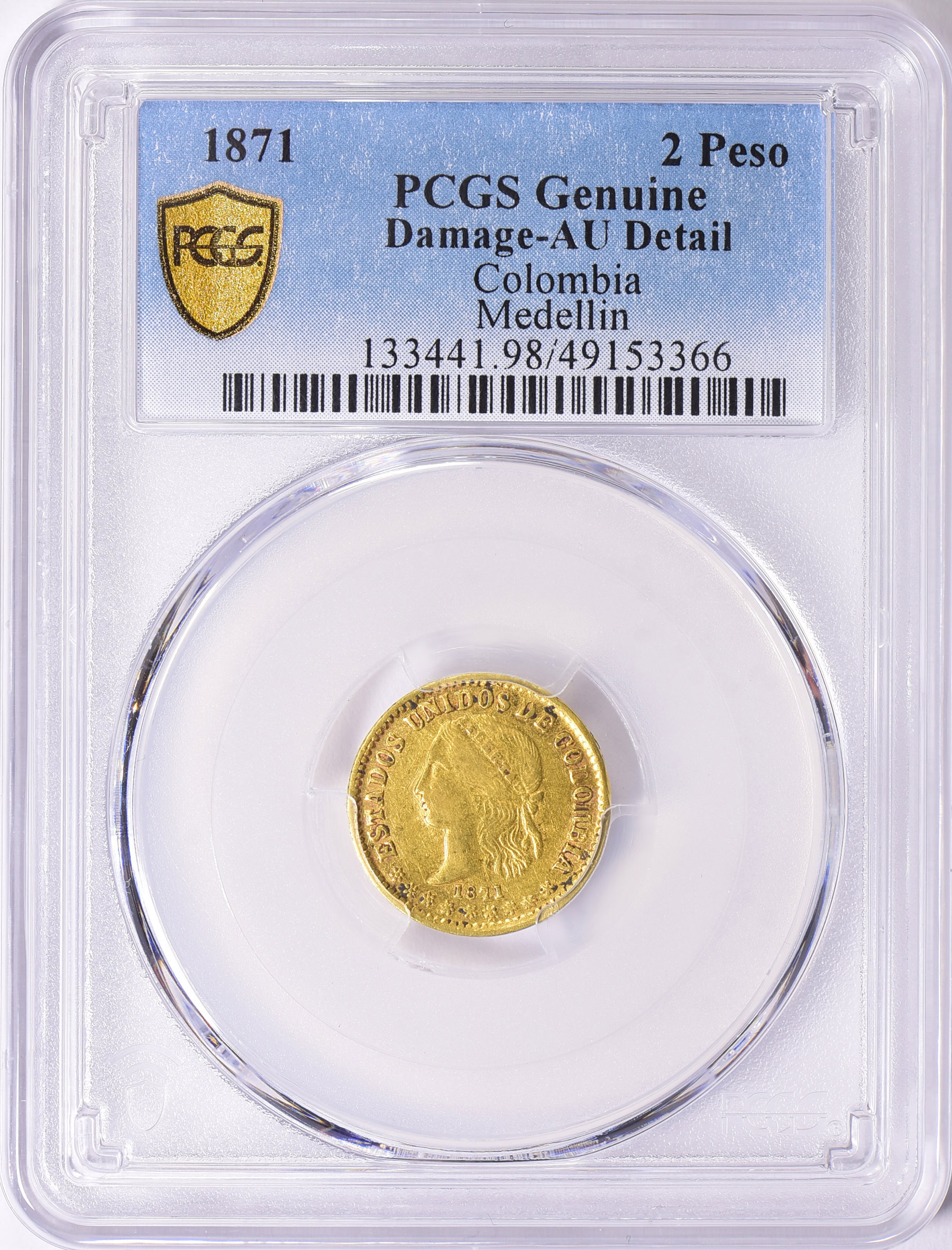 Colombia 1871 Gold 2 Pesos Medellin Mint KM-A154 PCGS Genuine AU ...