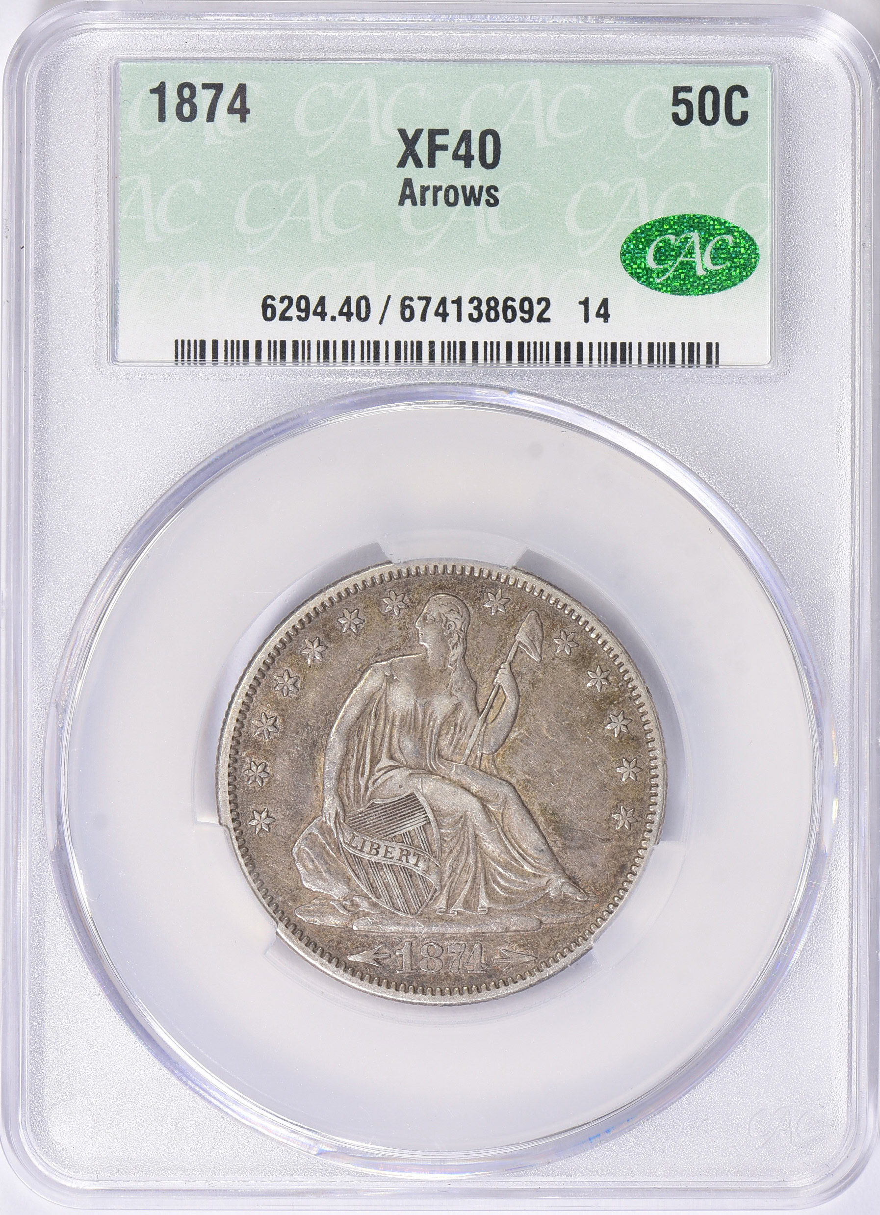1874 Seated Liberty Half Dollar Arrows CACG XF-40 (Item 1628429) | GreatCollections Coin Auctions