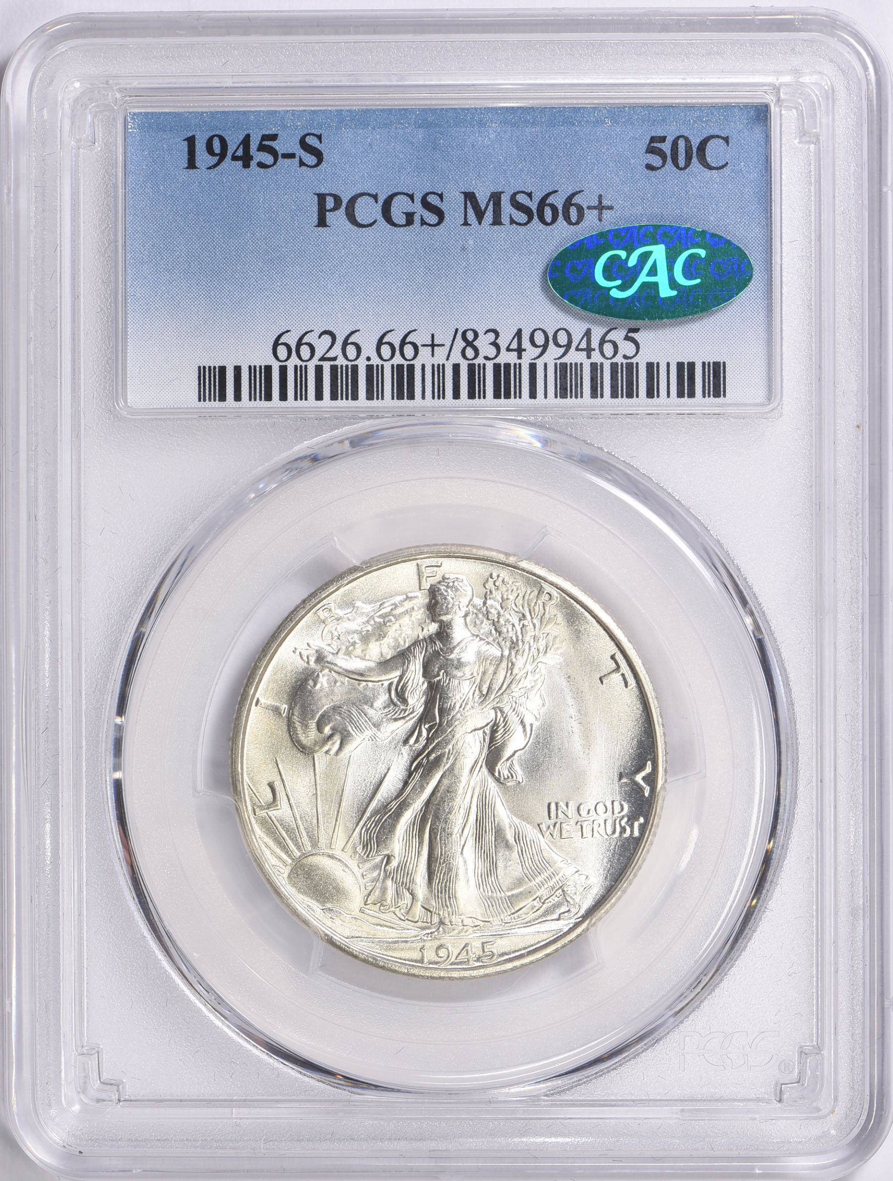 1945-S Walking Liberty Half Dollar PCGS MS-66+ (CAC Green) (Item 1628506) | GreatCollections ...