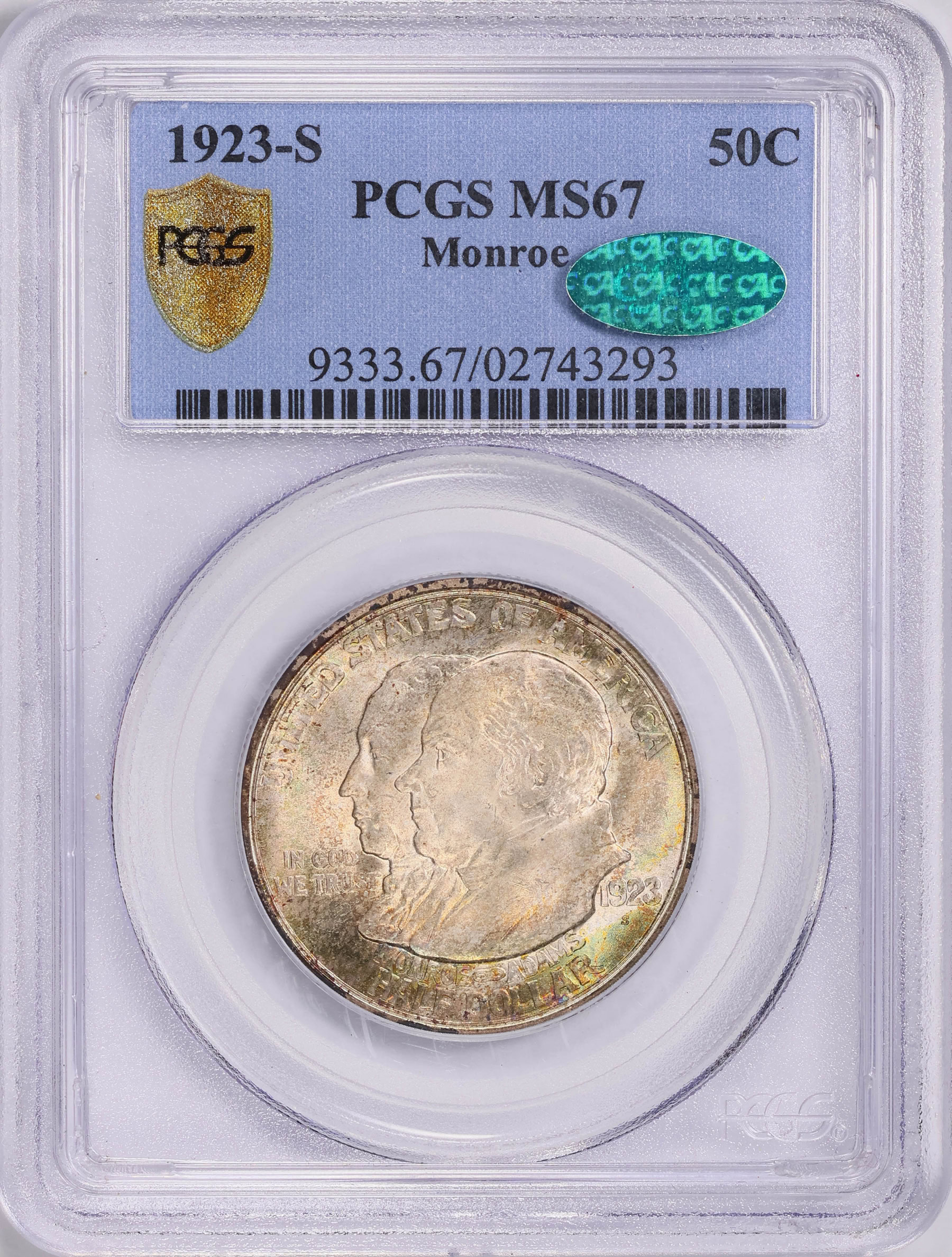 1923-S Monroe Doctrine Centennial Half Dollar PCGS MS-67 (CAC Green) (Toned) (Item 1628588 ...