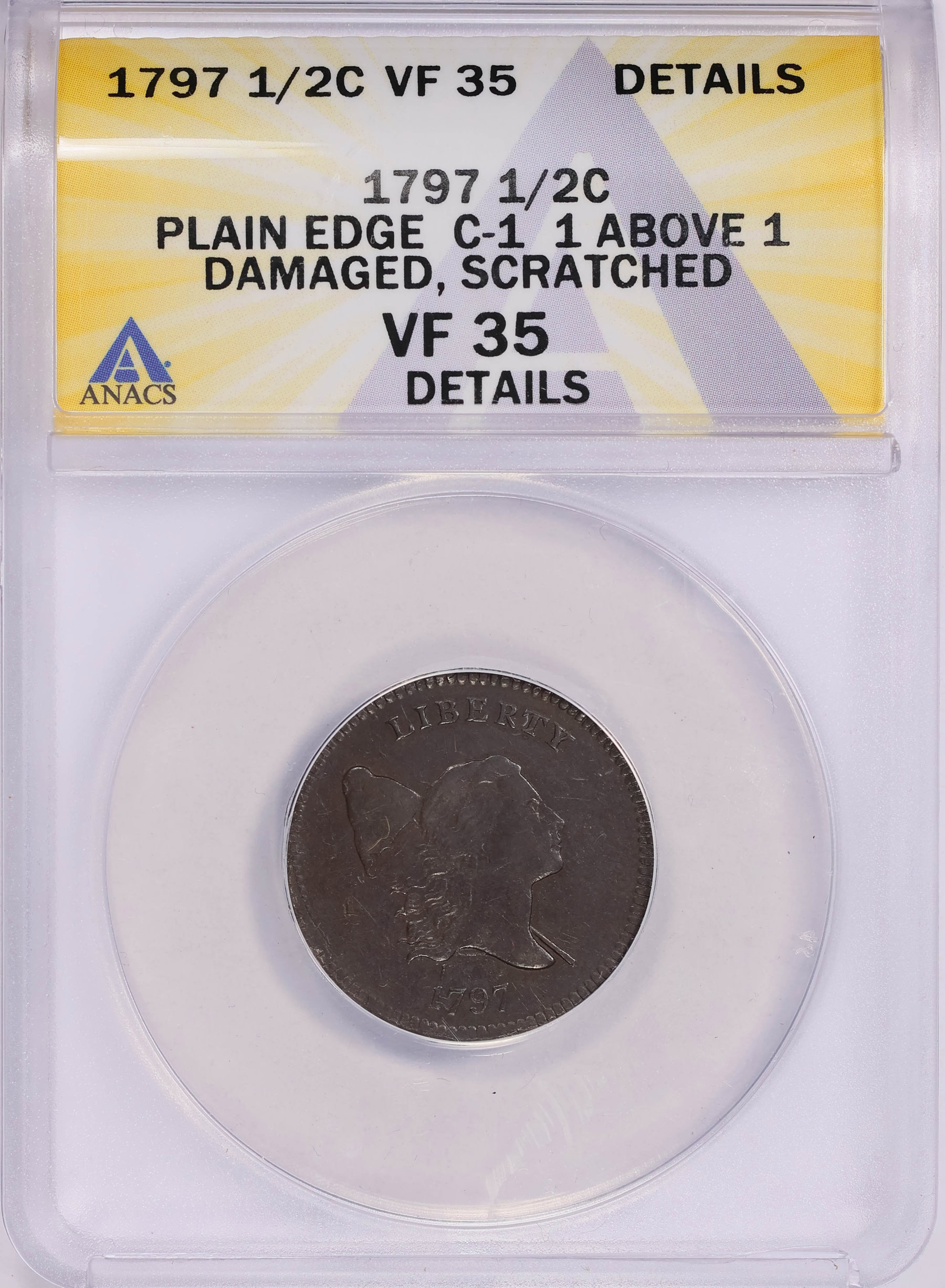 1797 Liberty Cap Half Cent 1 Above 1 Cohen 1 ANACS VF-35 Details (Item ...