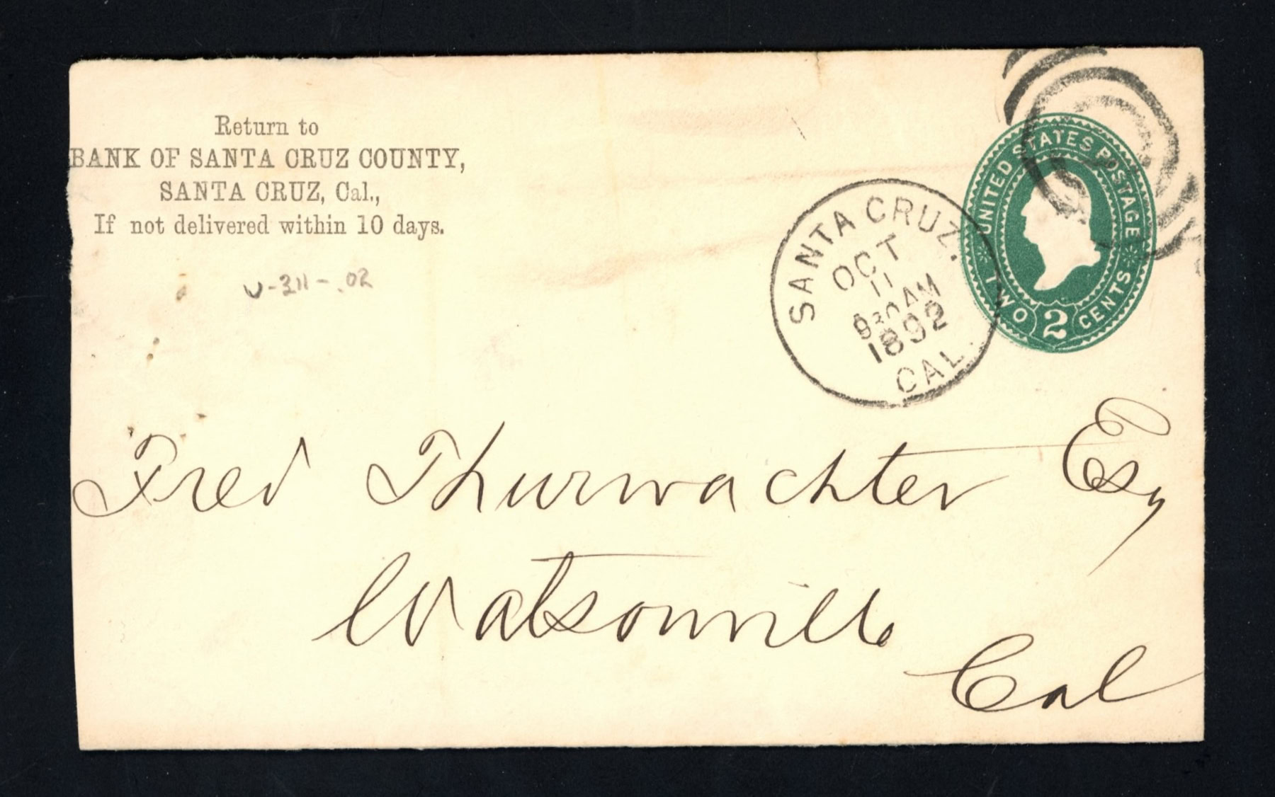Fr. 601 Santa Cruz, California 1902 County First National Bank Plain ...