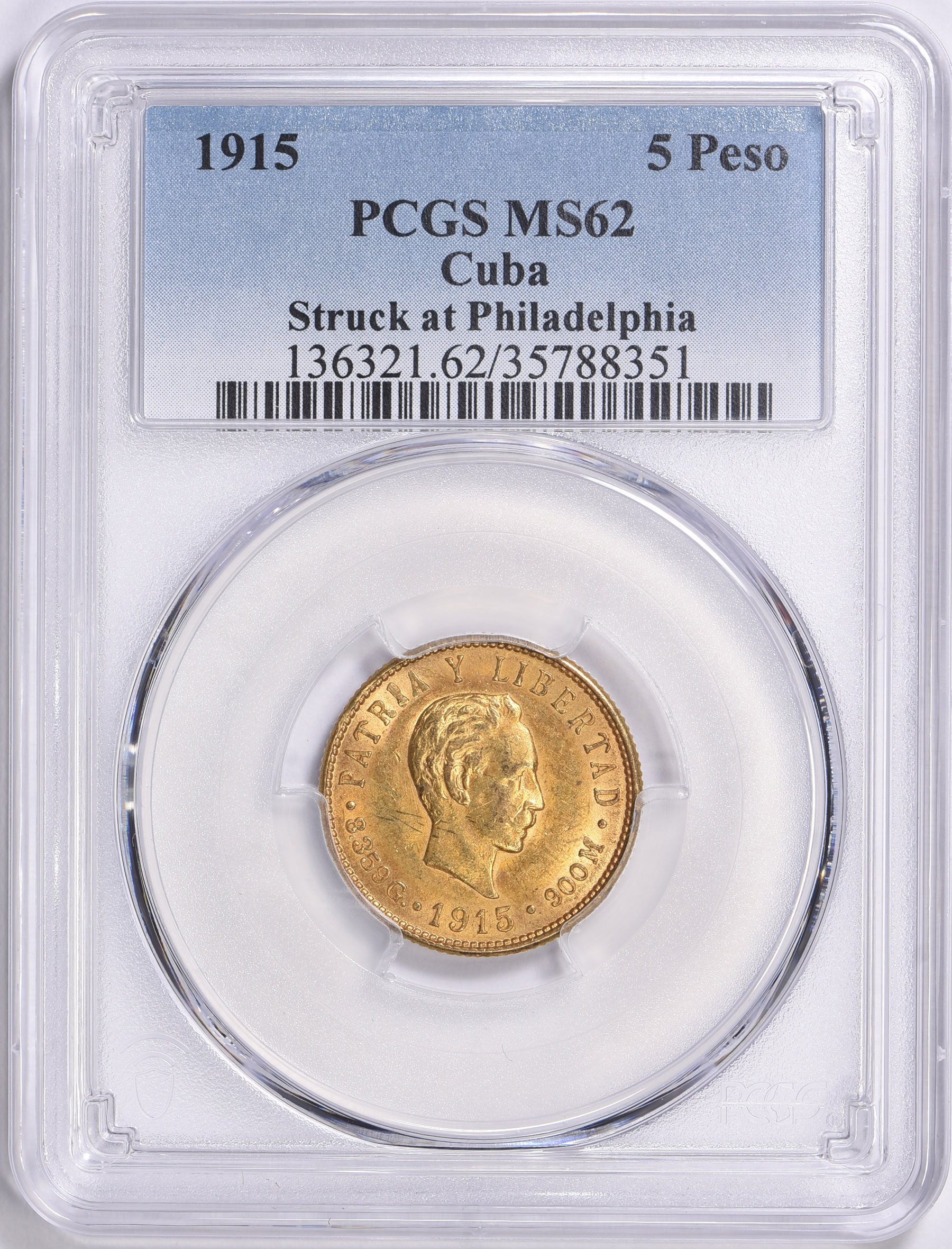 Cuba 1915 Gold 5 Pesos KM-19 PCGS MS-62 (AGW = 0.2419 Oz.) (Item ...