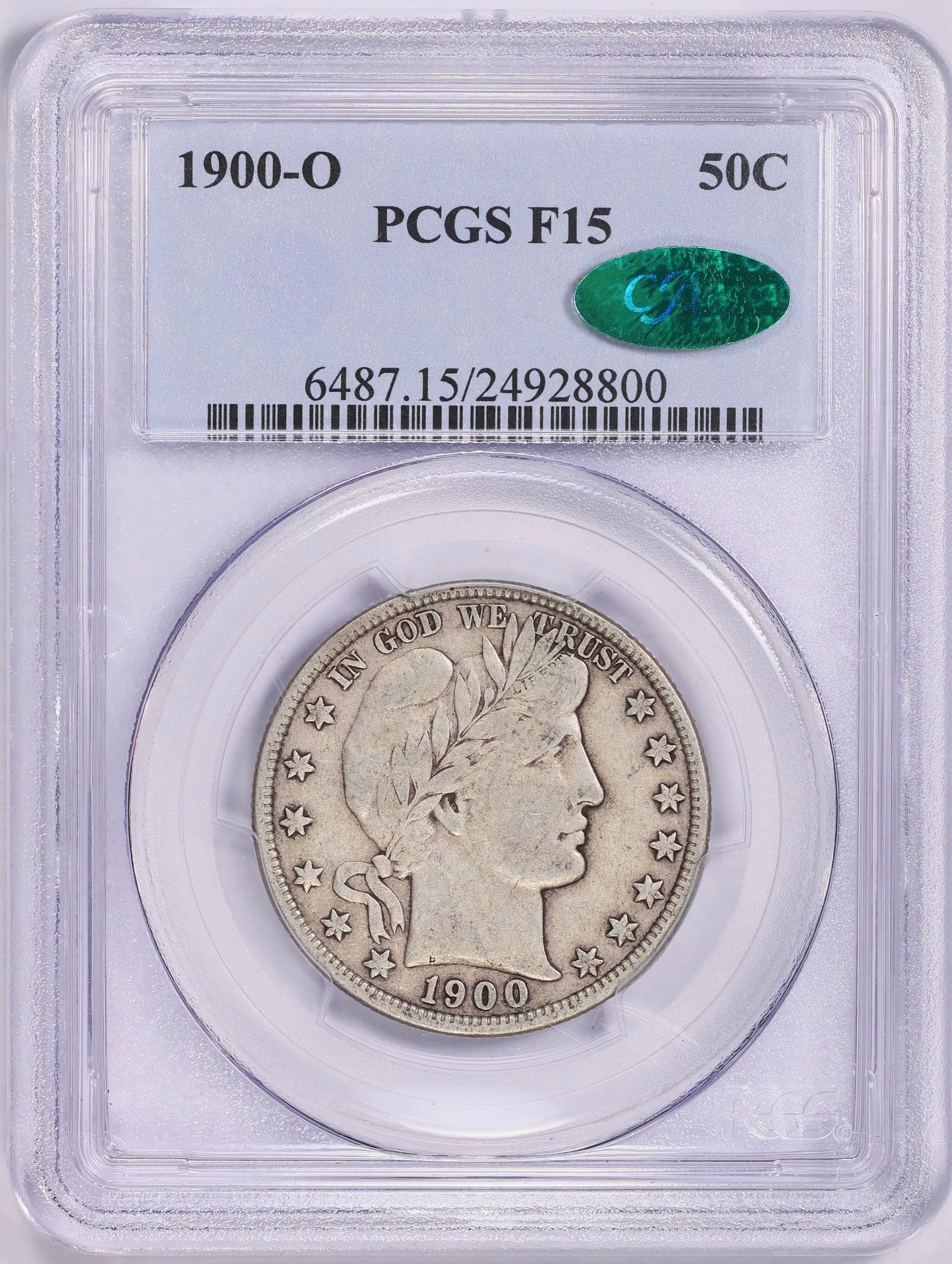 1900-O Barber Half Dollar PCGS F-15 (CAC Green) (Item 1629607) | GreatCollections Coin Auctions
