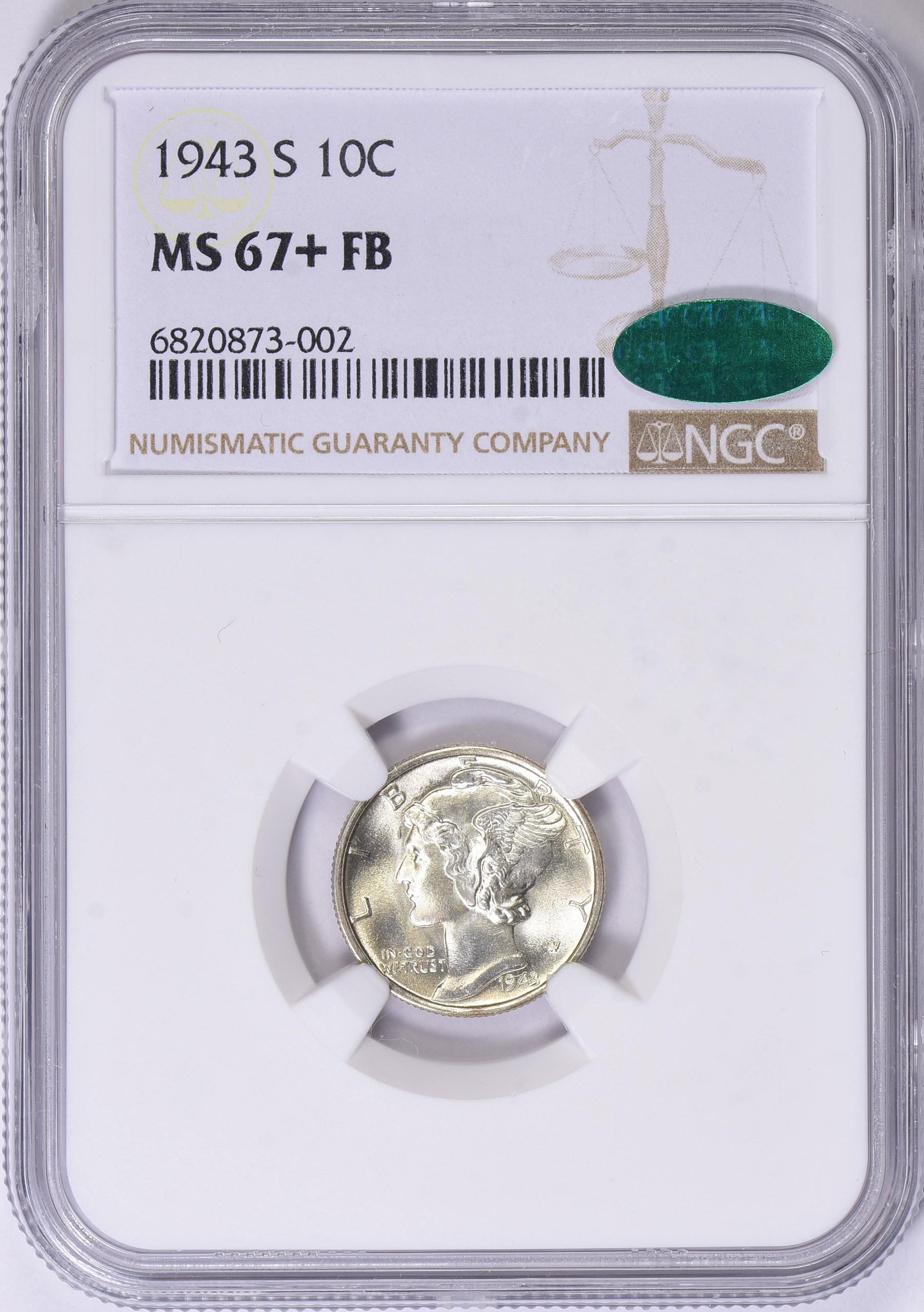 1943-S Mercury Dime NGC MS-67+ FB (CAC Green) (Item 1629944) | GreatCollections Coin Auctions