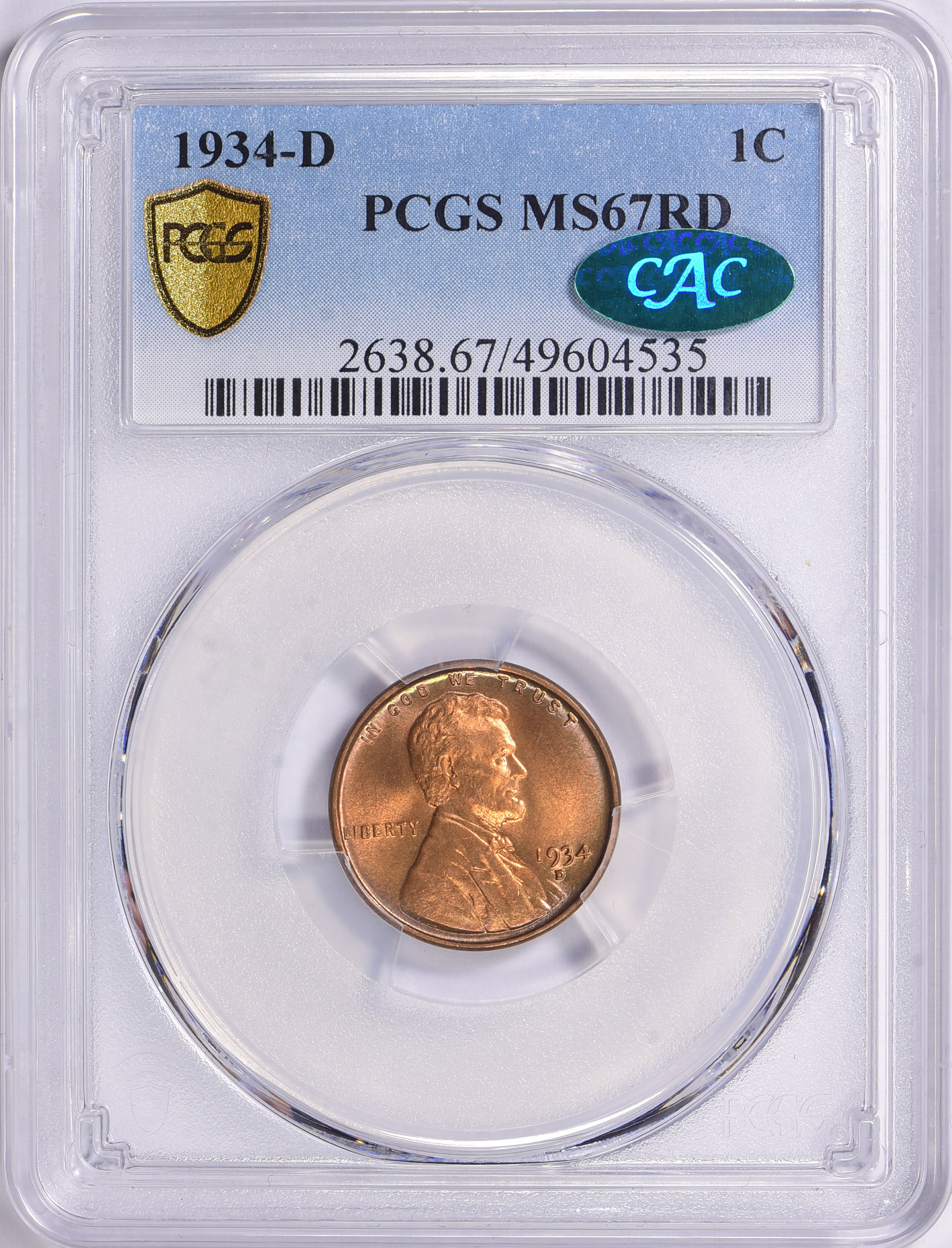 1934-D Lincoln Cent PCGS MS-67 RD (CAC Green) (Toned) (Item 1629948) | GreatCollections Coin ...