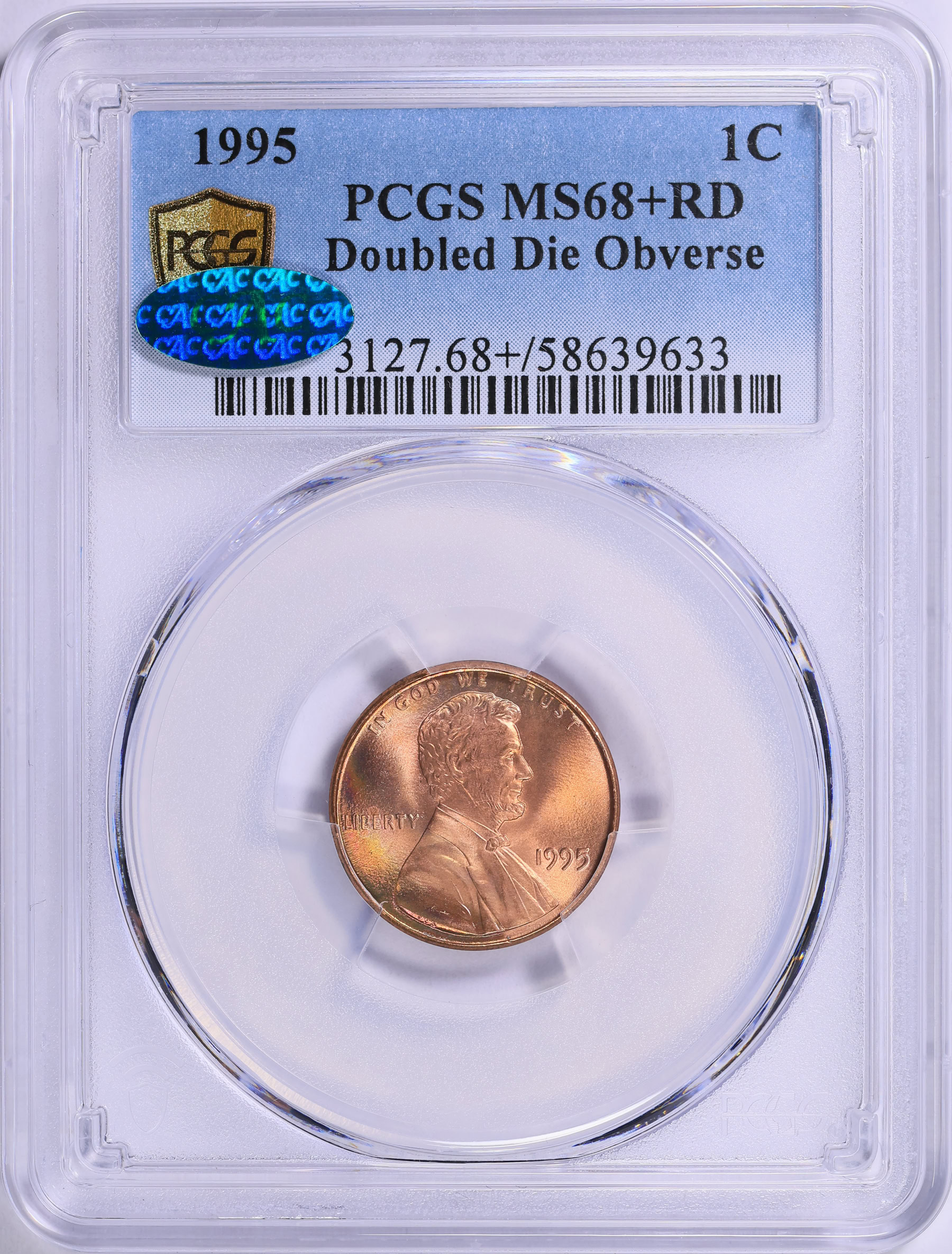 1995 Lincoln Cent Doubled Die Obverse PCGS MS-68+ RD (CAC Green) (Toned ...