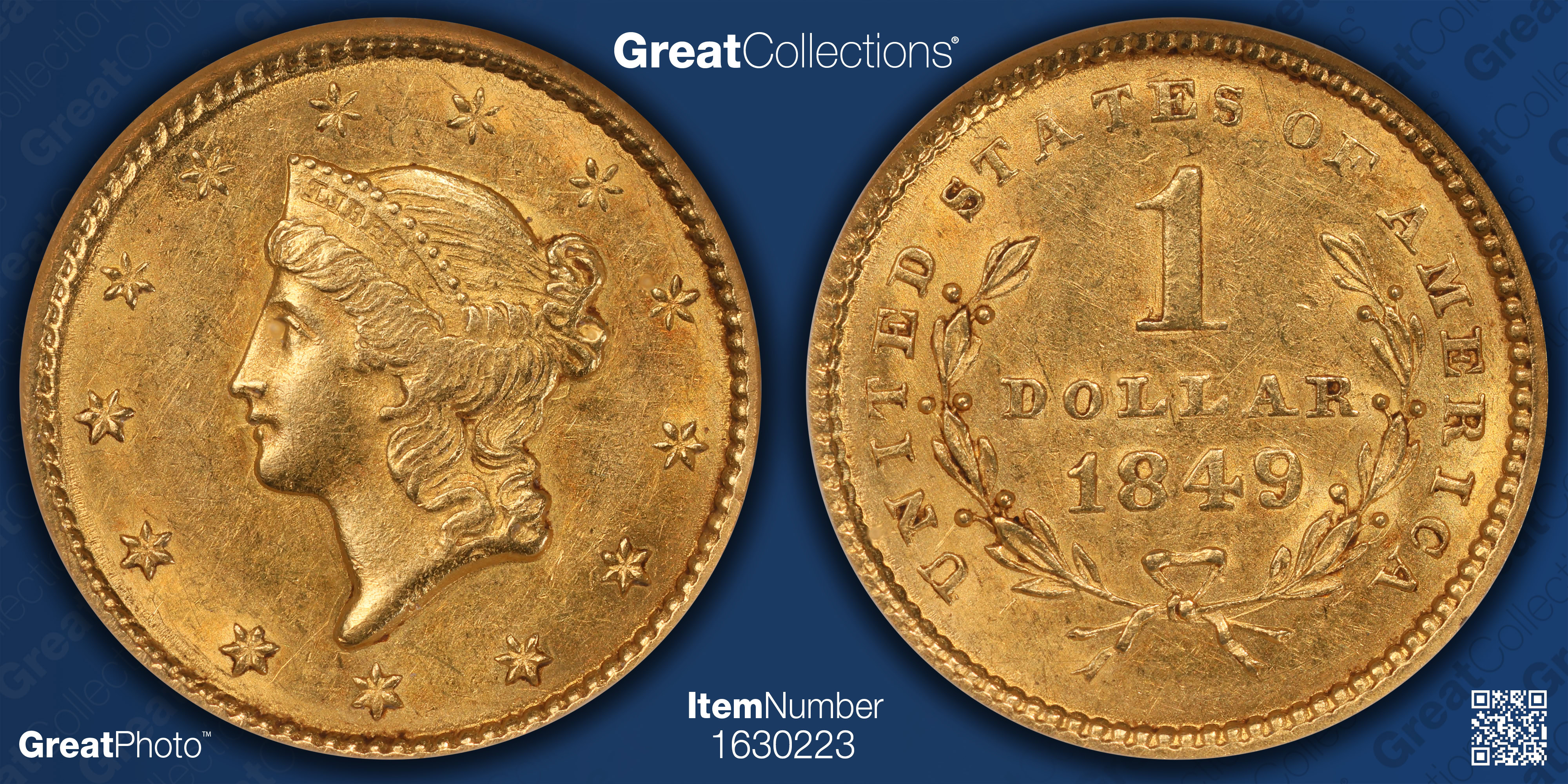 1849 Liberty Gold Dollar Open Wreath NGC AU-58 (Item 1630223 ...