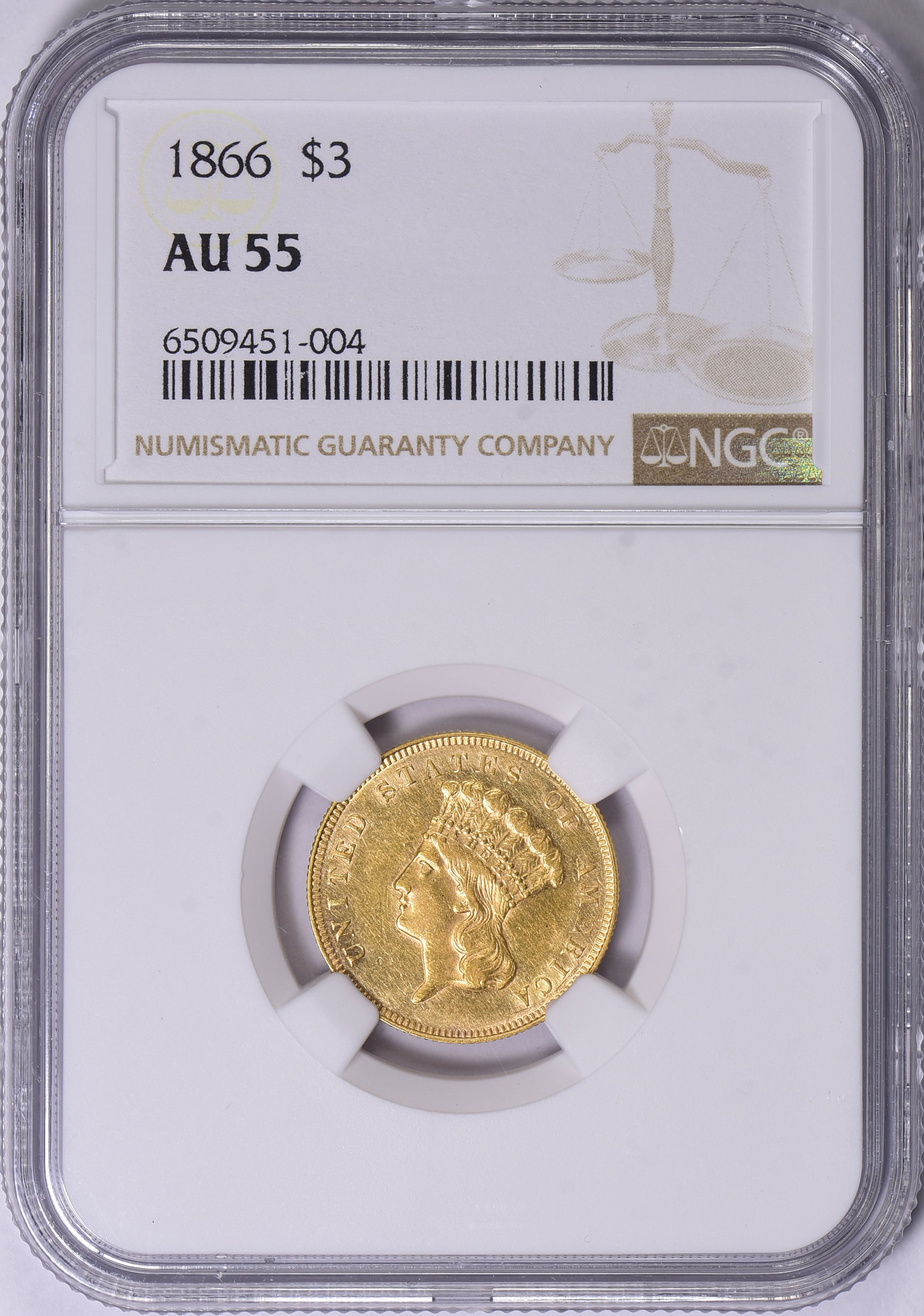 1866 Three-Dollar Gold Piece NGC AU-55 (Item 1630396 ...