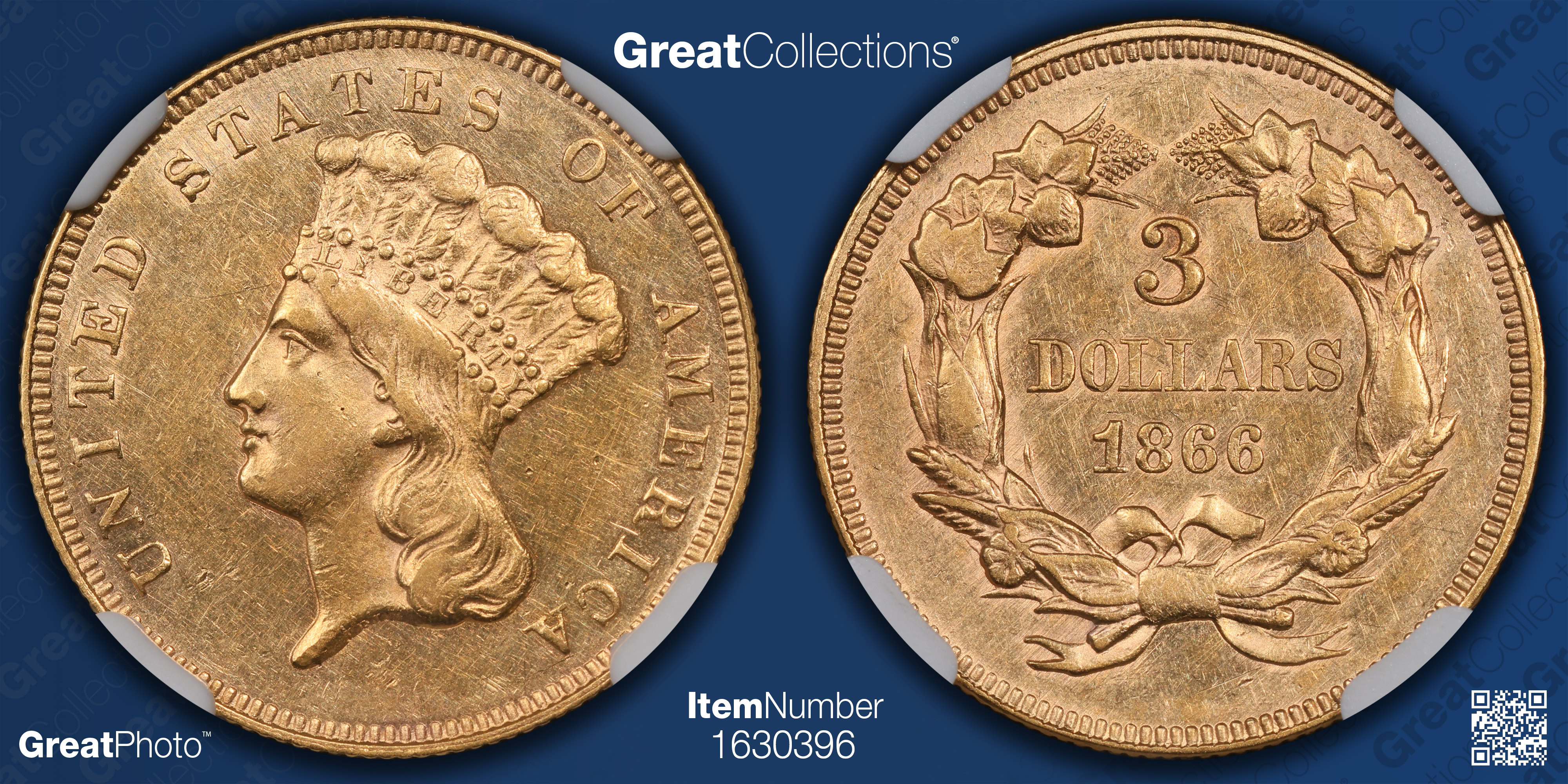 1866 Three-Dollar Gold Piece NGC AU-55 (Item 1630396 ...