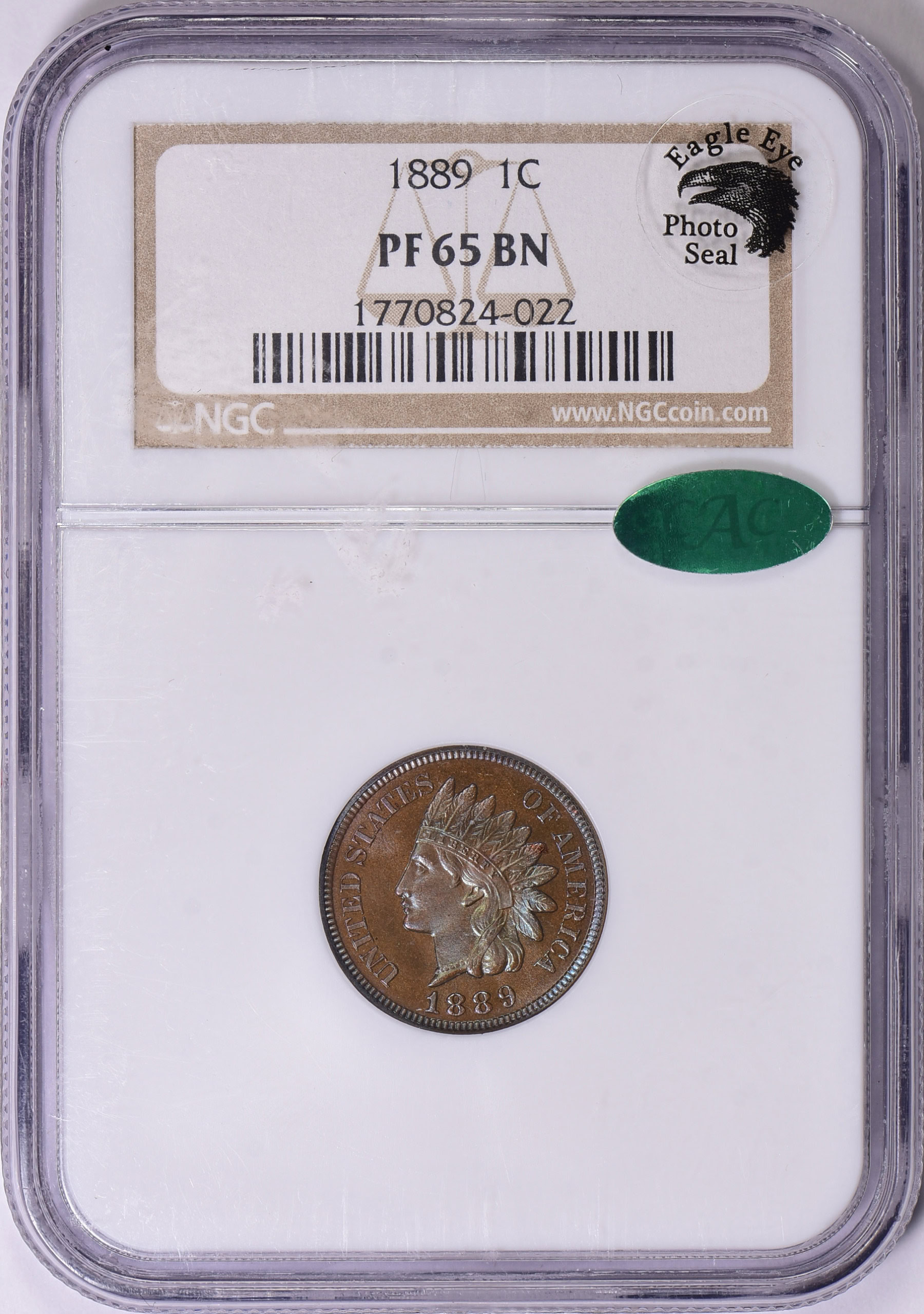 1889 Indian Cent NGC Proof-65 BN (CAC Green) (Toned) (Eagle Eye Seal) (Item 1630520 ...