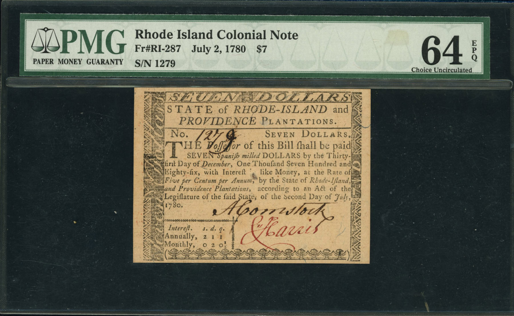 Fr. RI-287 Jul. 2, 1780 $7 Rhode Island Colonial Note PMG Choice Uncirculated 64 EPQ | PMG Cert ...