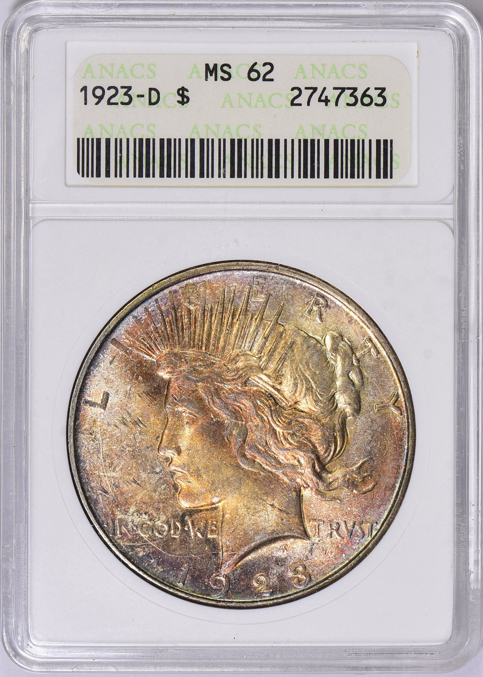 1923-D Peace Silver Dollar ANACS MS-62 OH (Toned) (Item 1631226) | GreatCollections Coin Auctions