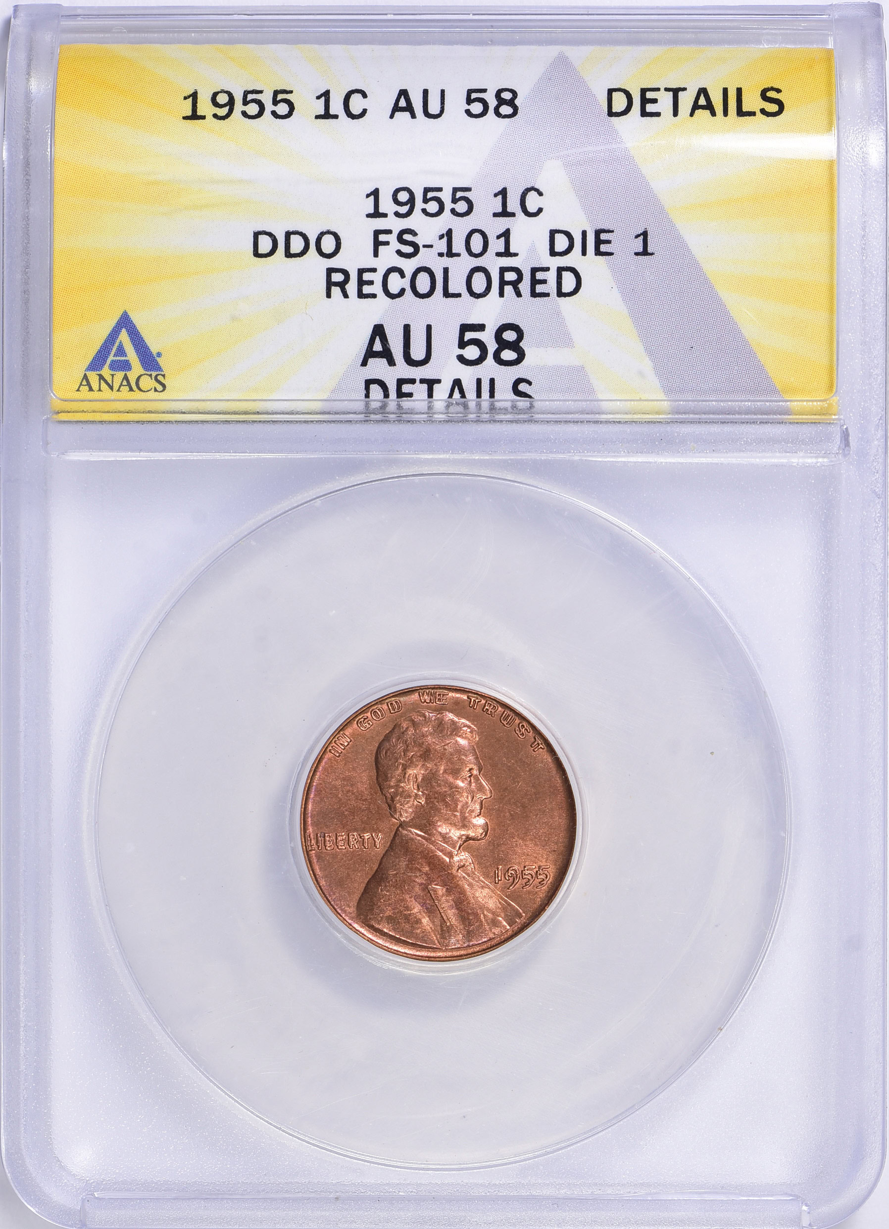 1955 Lincoln Cent Doubled Die Obverse FS-101 Die 1 ANACS AU-58 Details (Item 1631396 ...