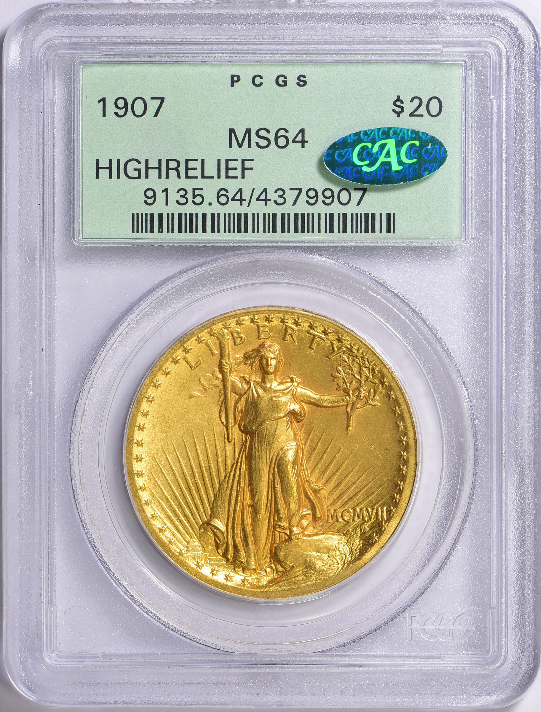 1907 Saint-Gaudens Gold Double Eagle MCMVII, High Relief, Wire Edge PCGS MS-64 (CAC Green) OGH ...