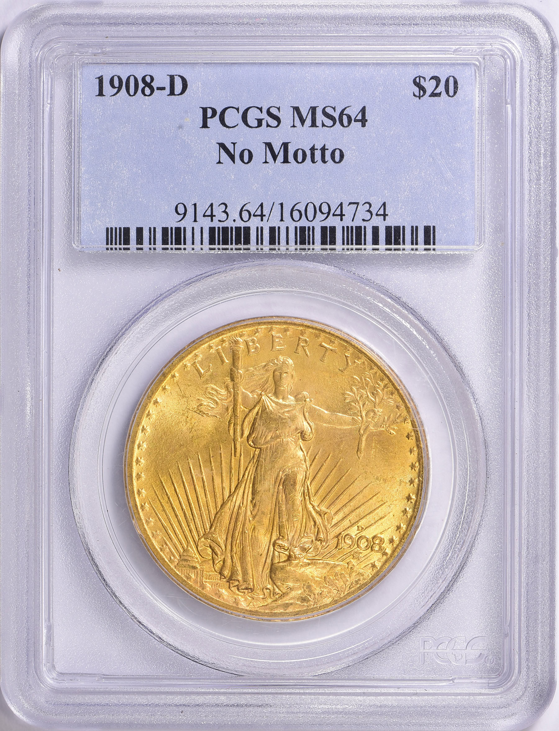 1908-D Saint-Gaudens Gold Double Eagle No Motto PCGS MS-64 (Item 1632170) | GreatCollections ...