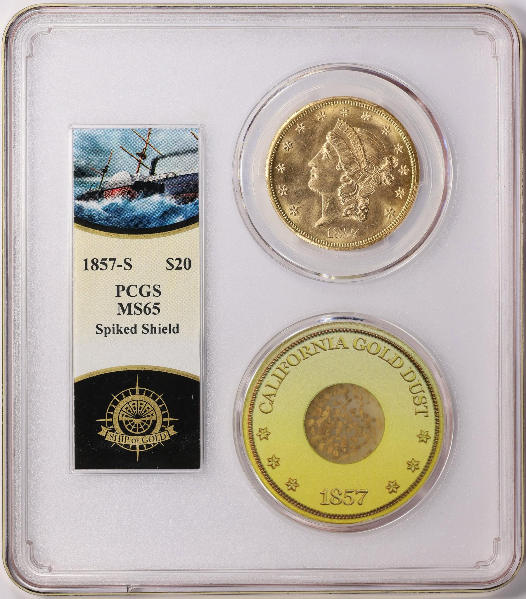 1857-S Liberty Gold Double Eagle Spiked Shield Shipwreck S.S. Central America PCGS MS-65 (With ...