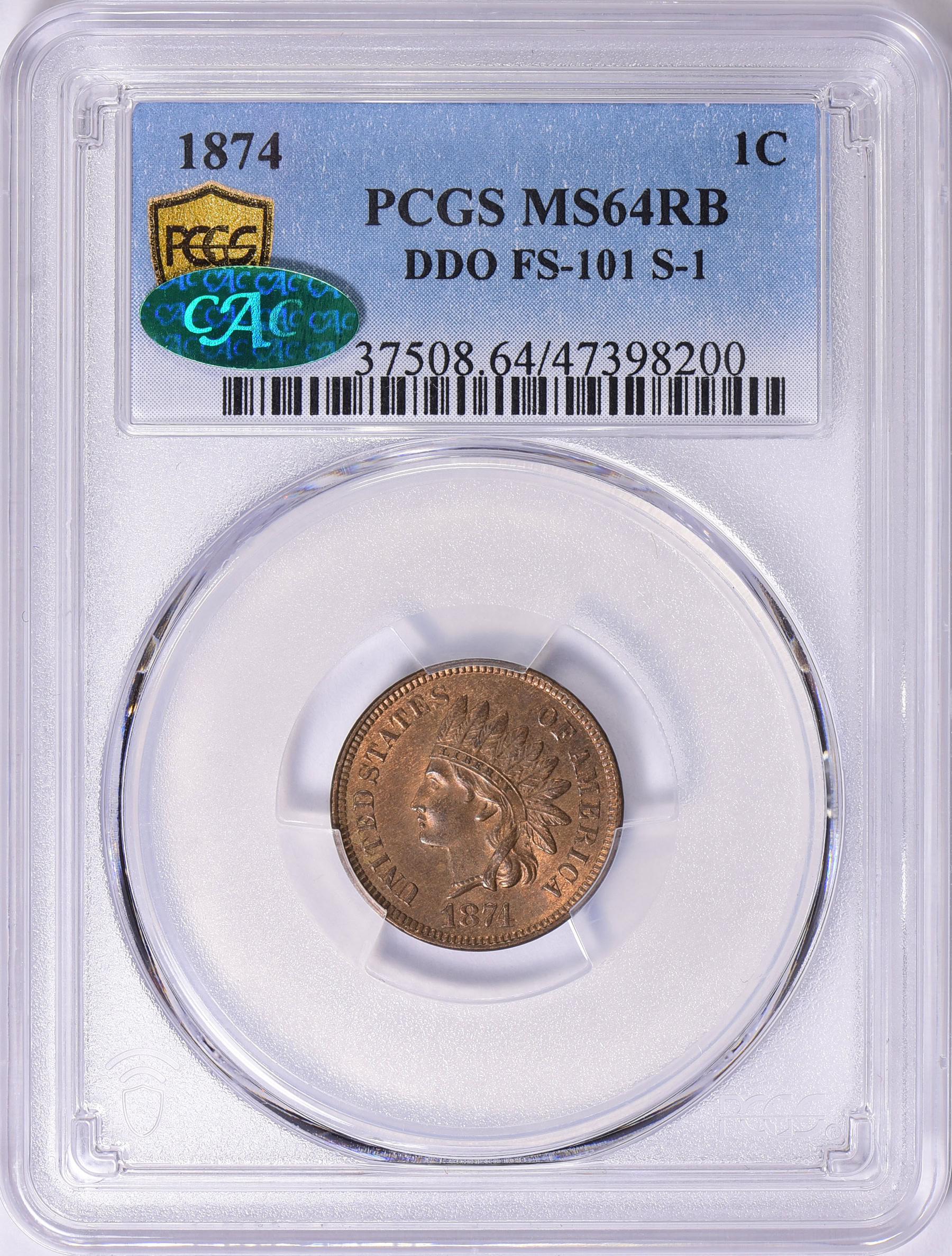 1874 Indian Cent DDO FS-101 S-1 PCGS MS-64 RB (CAC Green) (Item 1632591) | GreatCollections Coin ...