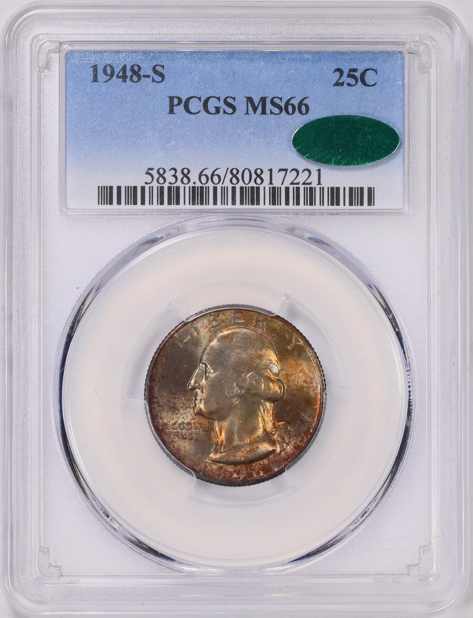 1948-S Washington Quarter PCGS MS-66 (CAC Green) (Toned) (Item 1633409) | GreatCollections Coin ...