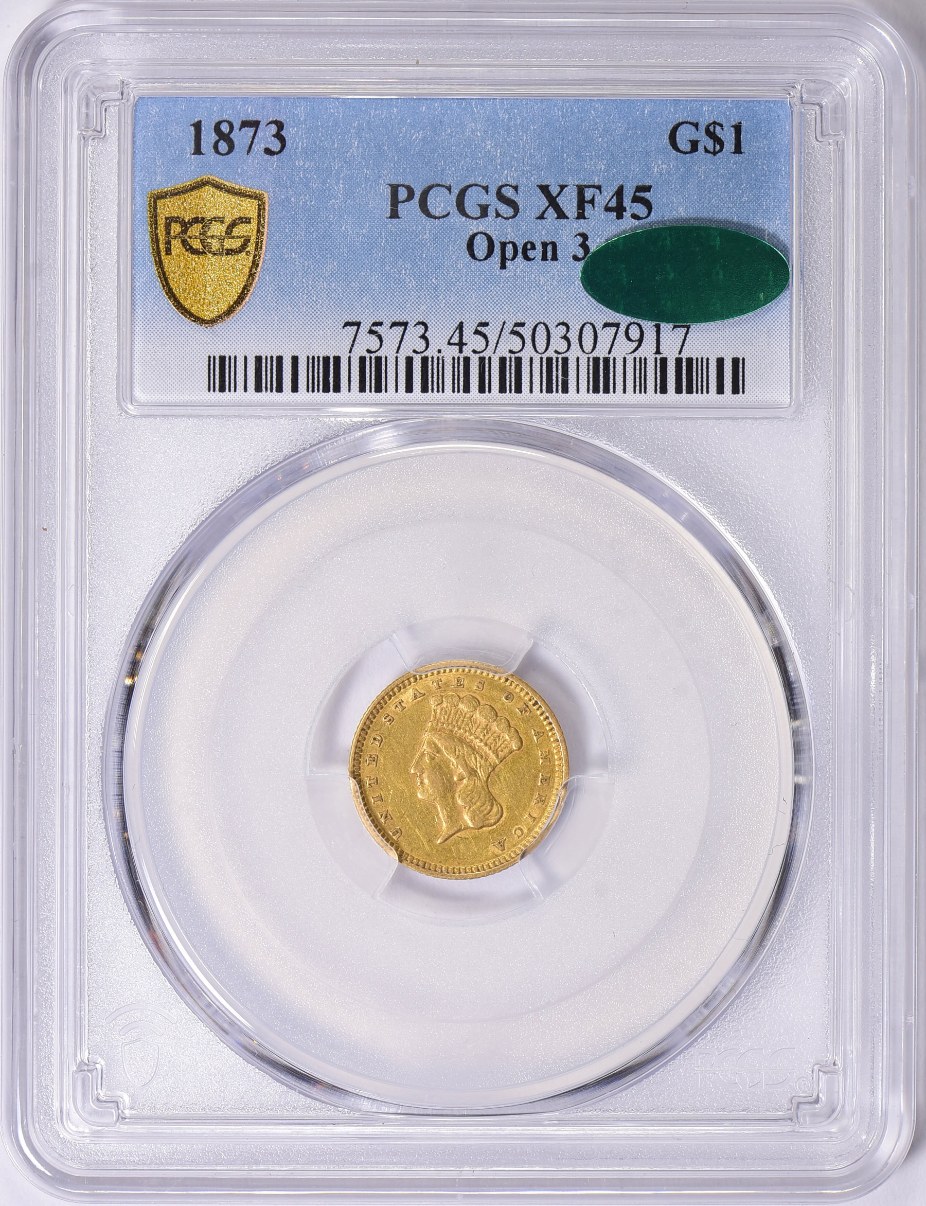 1873 Indian Princess Gold Dollar Open 3 PCGS XF-45 (CAC Green) (Item 1635057) | GreatCollections ...