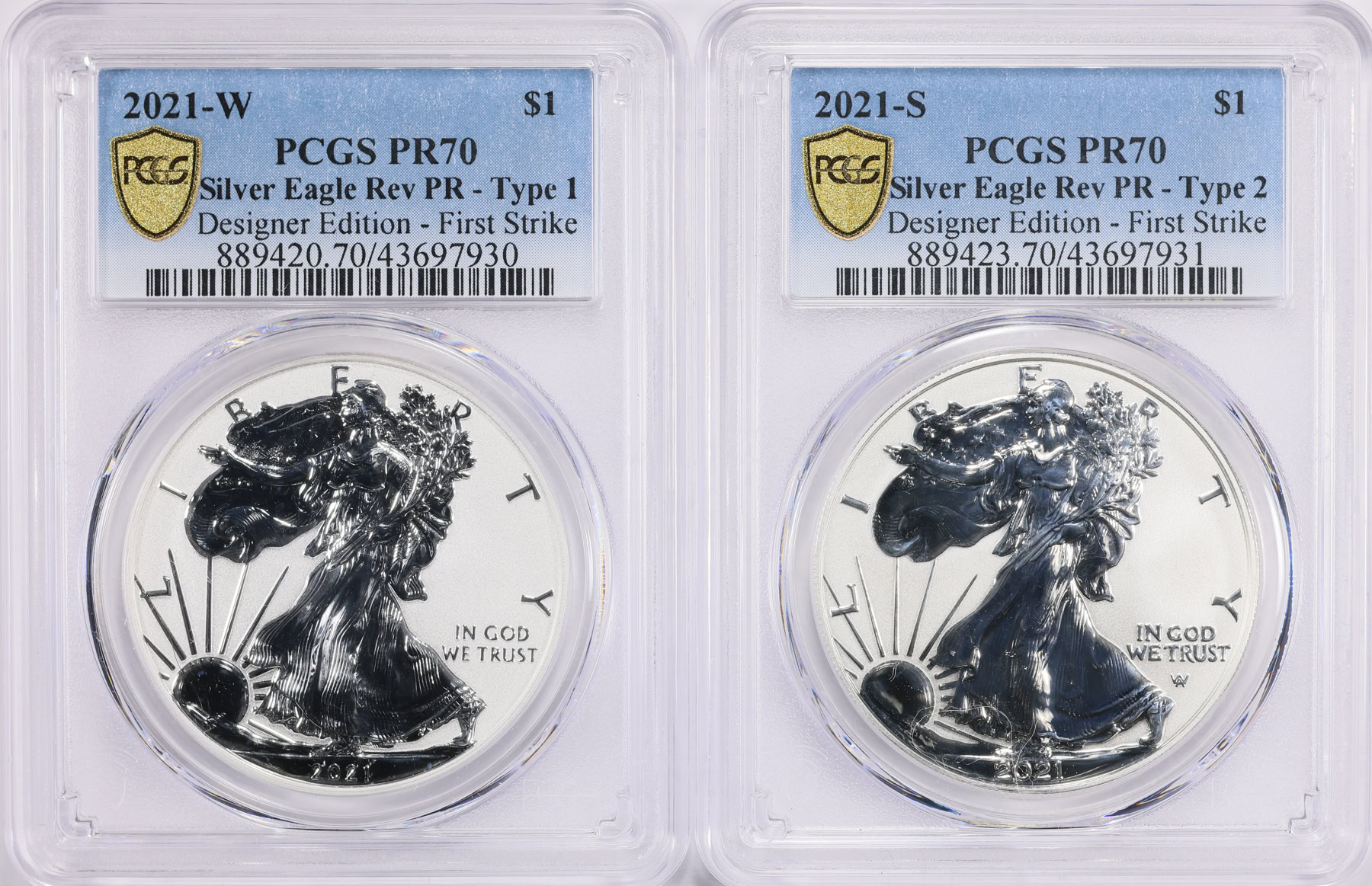 2021-W and 2021-S $1 Silver Eagle Type 1 and 2 Reverse Proof Designer Edition First Strike PCGS ...