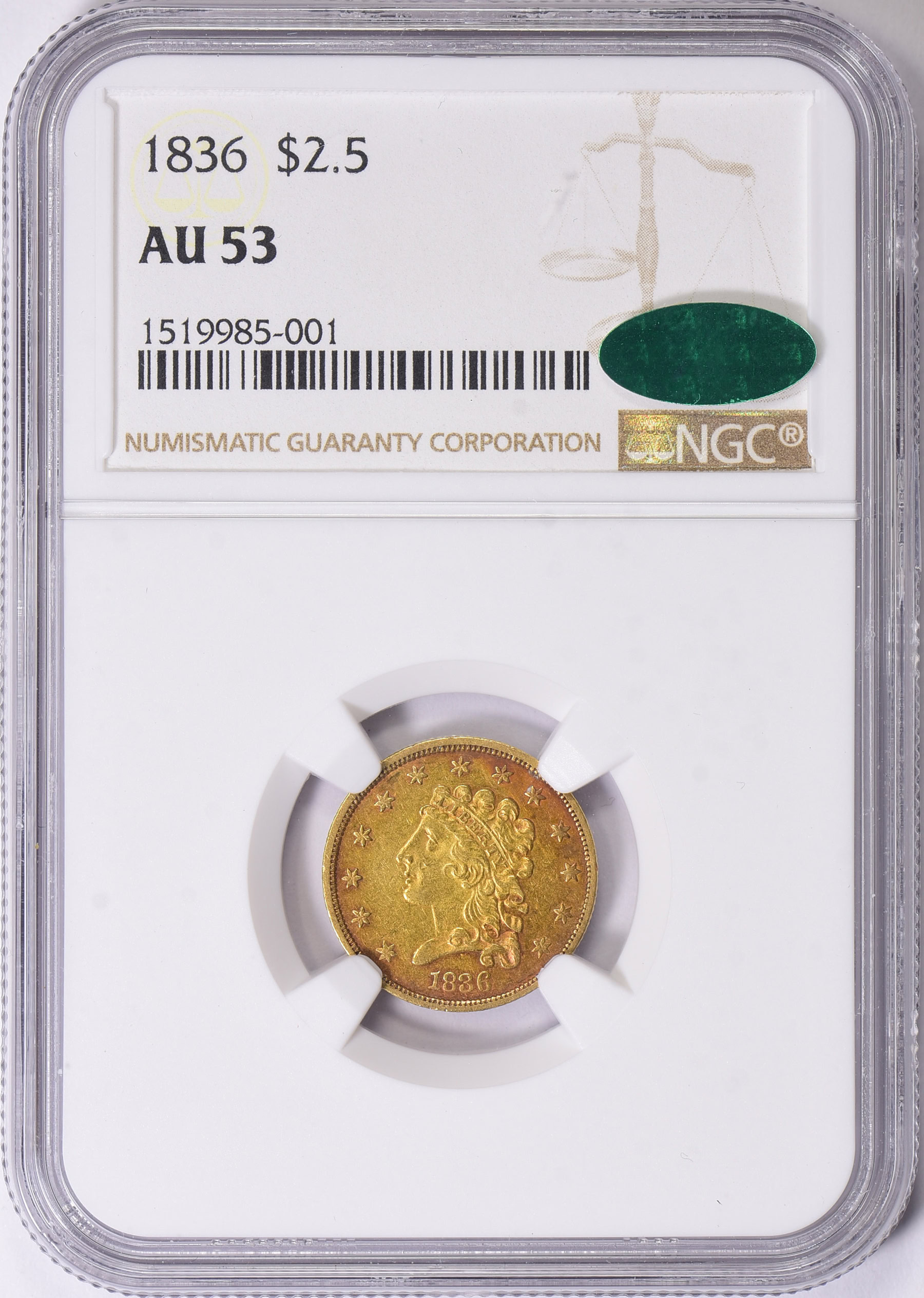 1836 Classic Gold Quarter Eagle Block 8 NGC AU-53 (CAC Green) (Toned ...