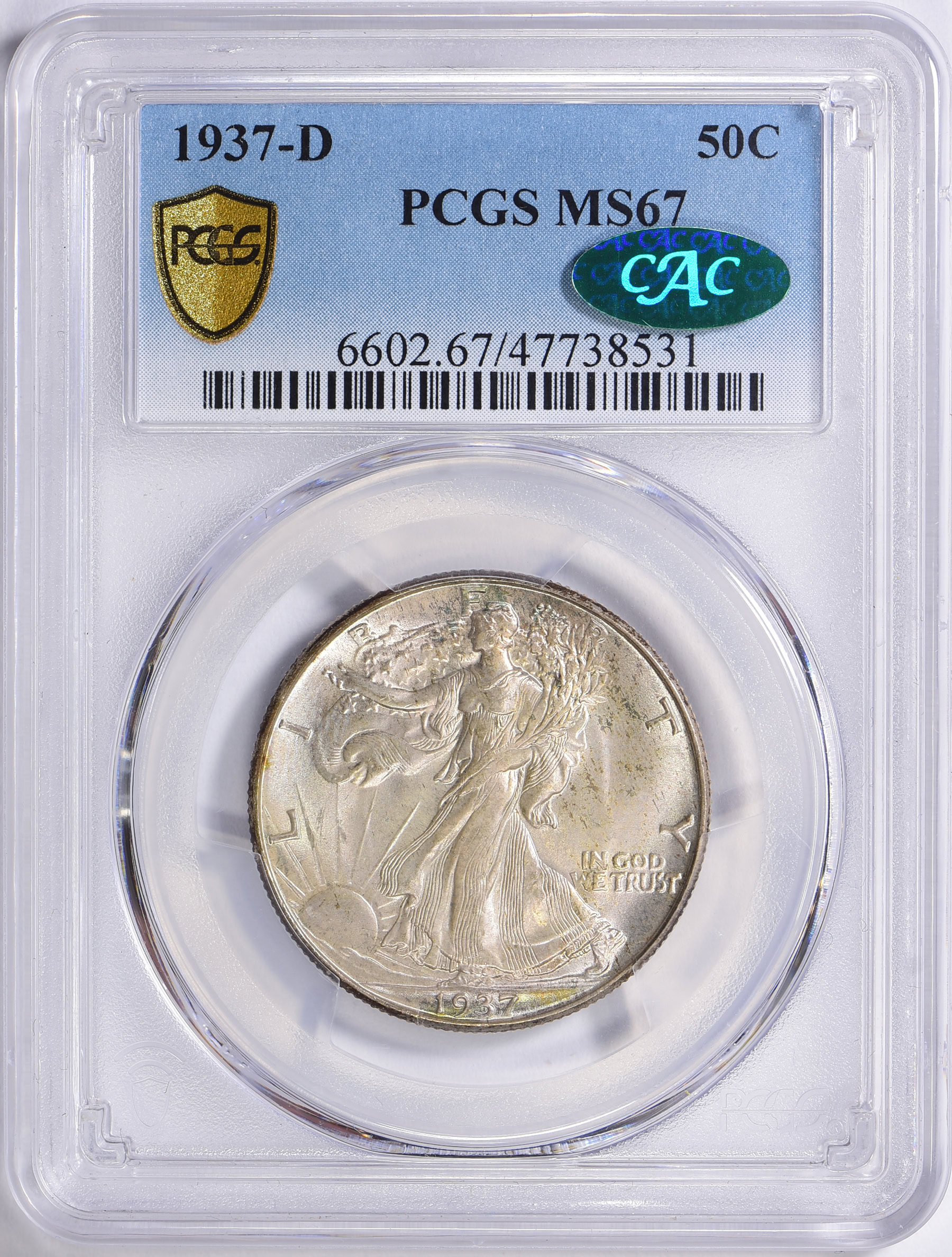 1937-D Walking Liberty Half Dollar PCGS MS-67 (CAC Green) (Toned) (Item 1635693 ...