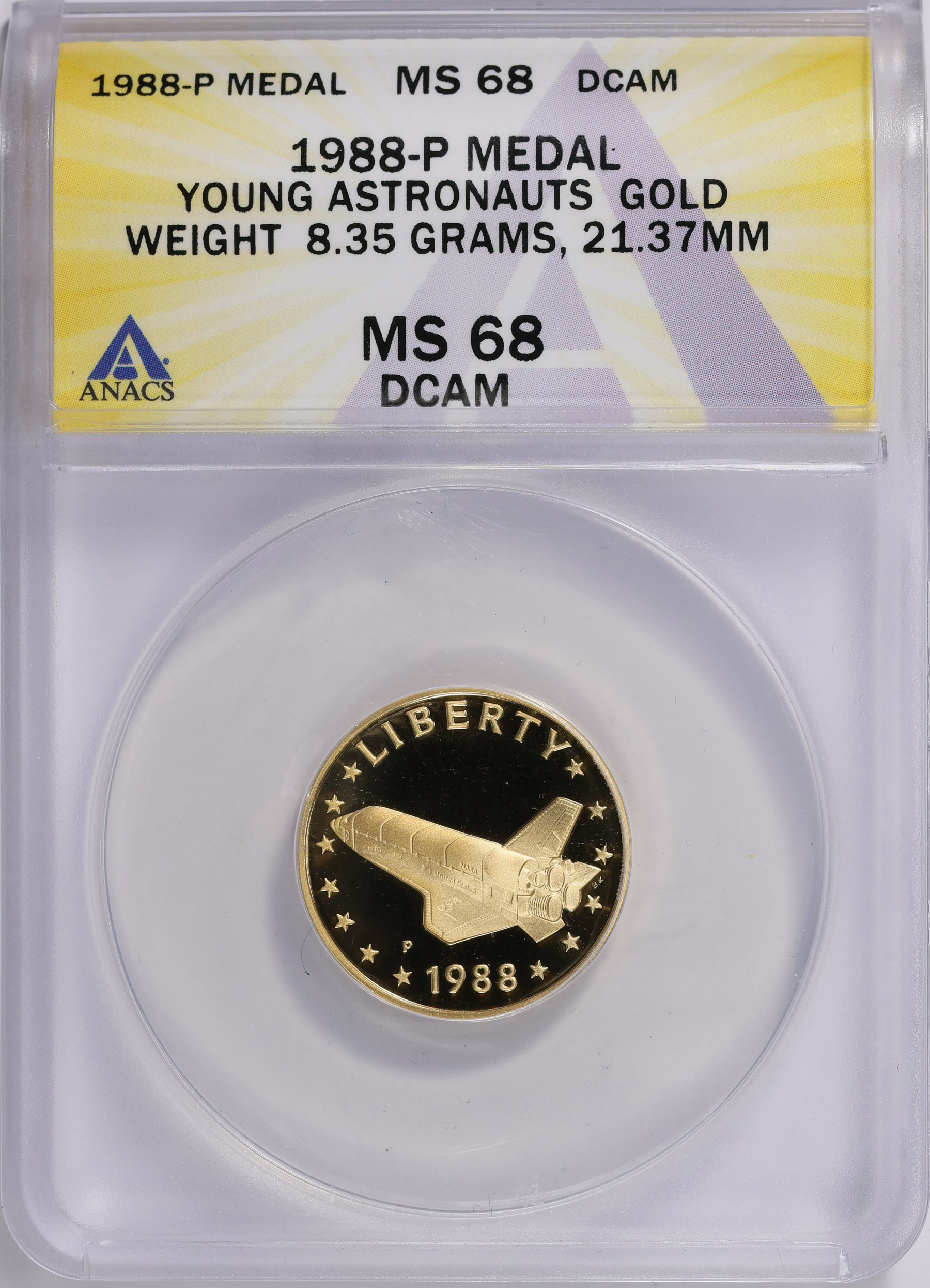 1988-P Gold 21.37mm Young Astronauts Space Shuttle Medal D1988-1c ANACS ...