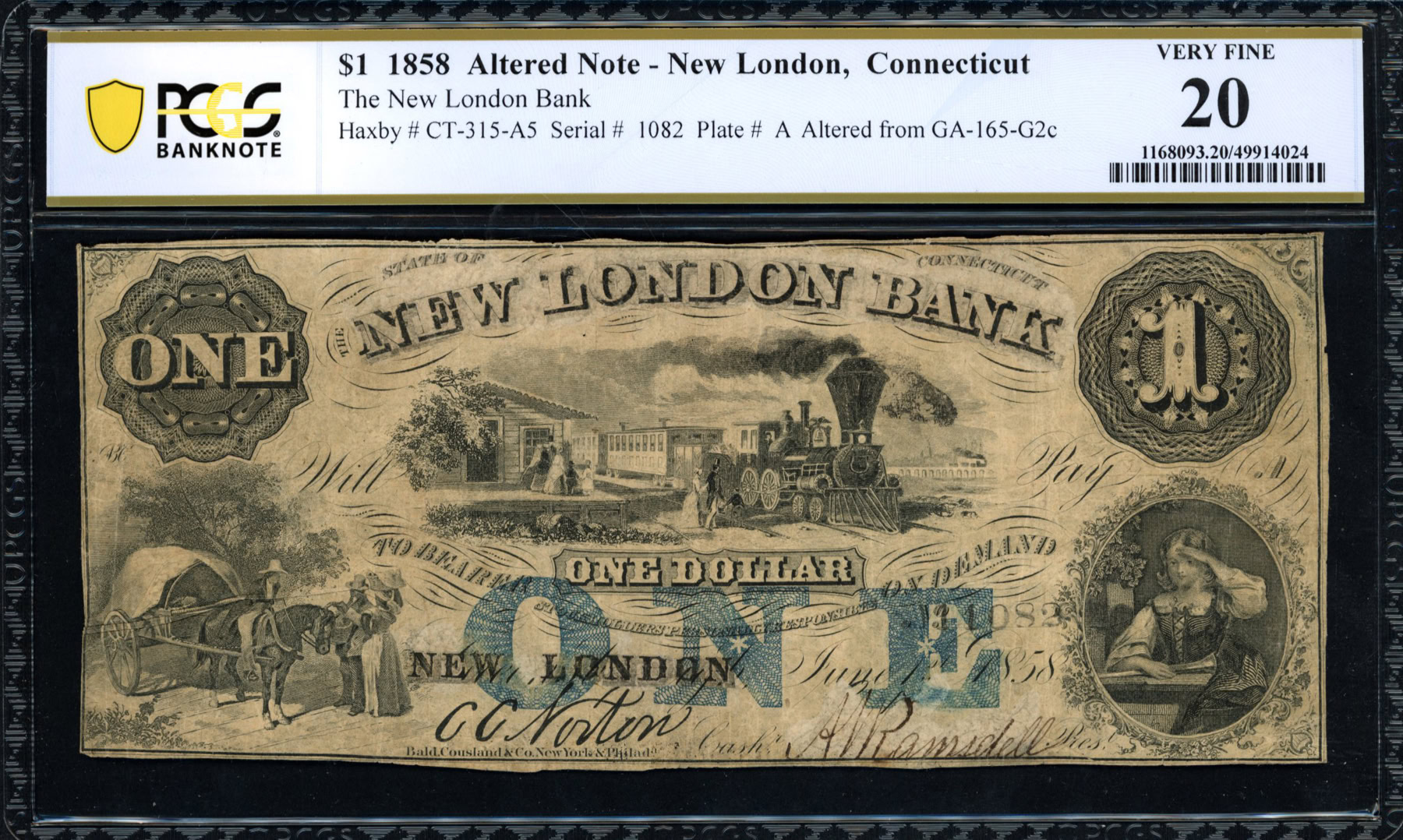 1858 New London, Connecticut The New London Bank $1 Altered Note PCGS ...