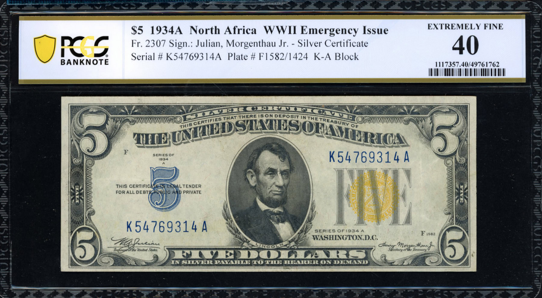 Fr. 2307 (KA Block) 1934A $5 N. Africa WWII Emergency Issue Note Julian ...