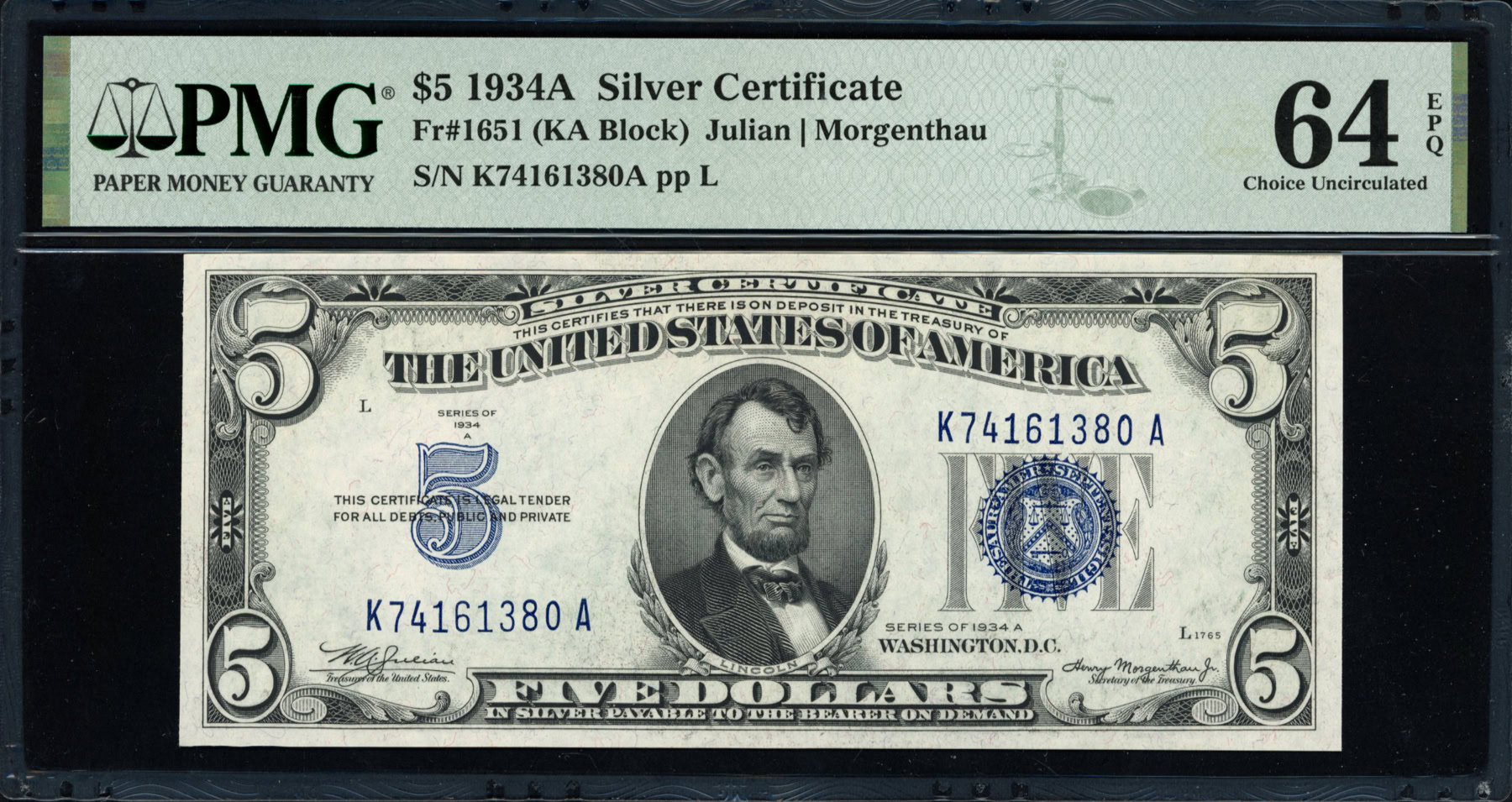 Fr. 1651 (KA Block) 1934A $5 Silver Certificate Note Julian / Morgenthau PMG Choice Uncirculated ...