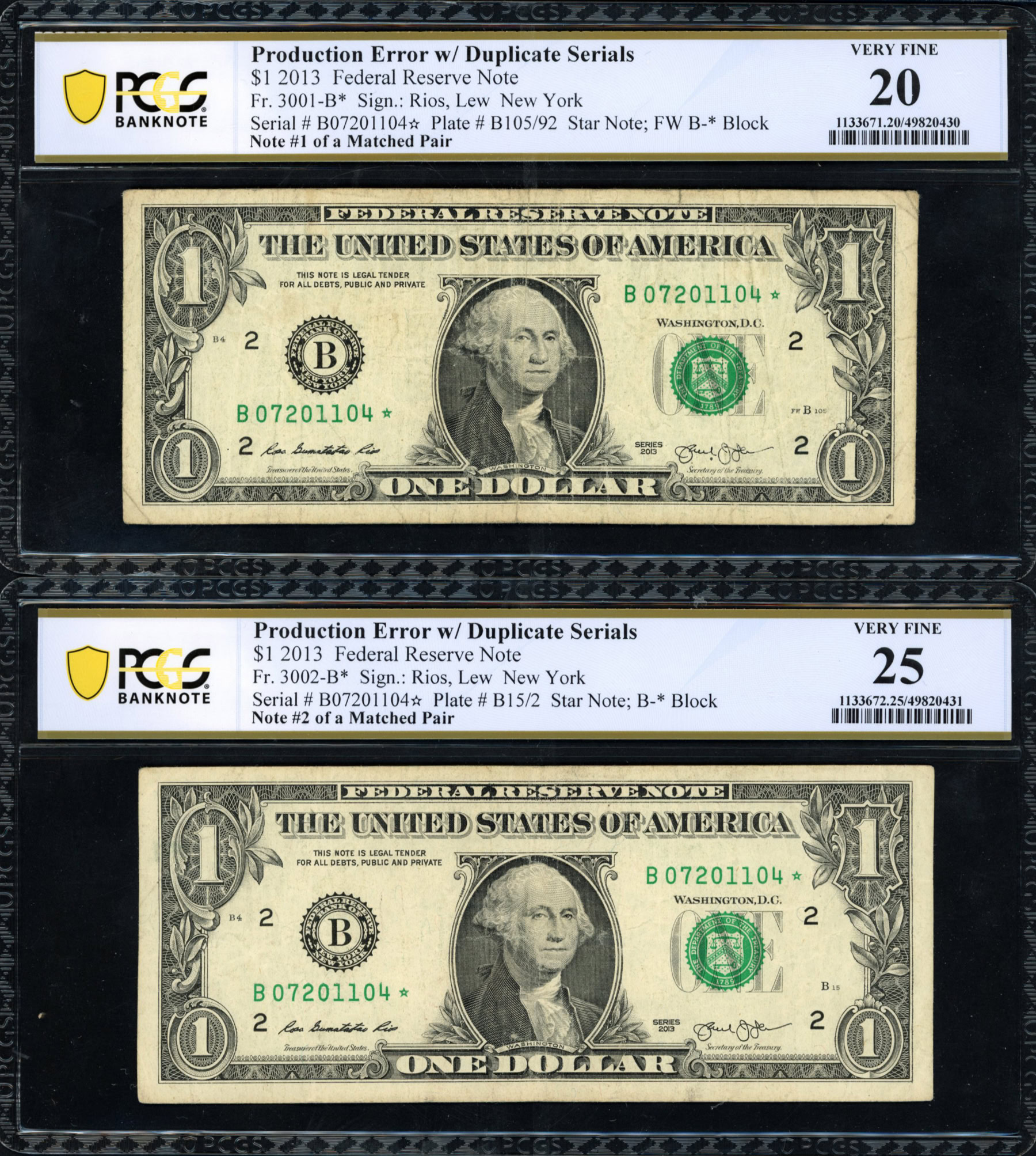 Fr. 3001-B★ & 3002-B★ 2013 $1 New York Federal Reserve Error Star Note ...