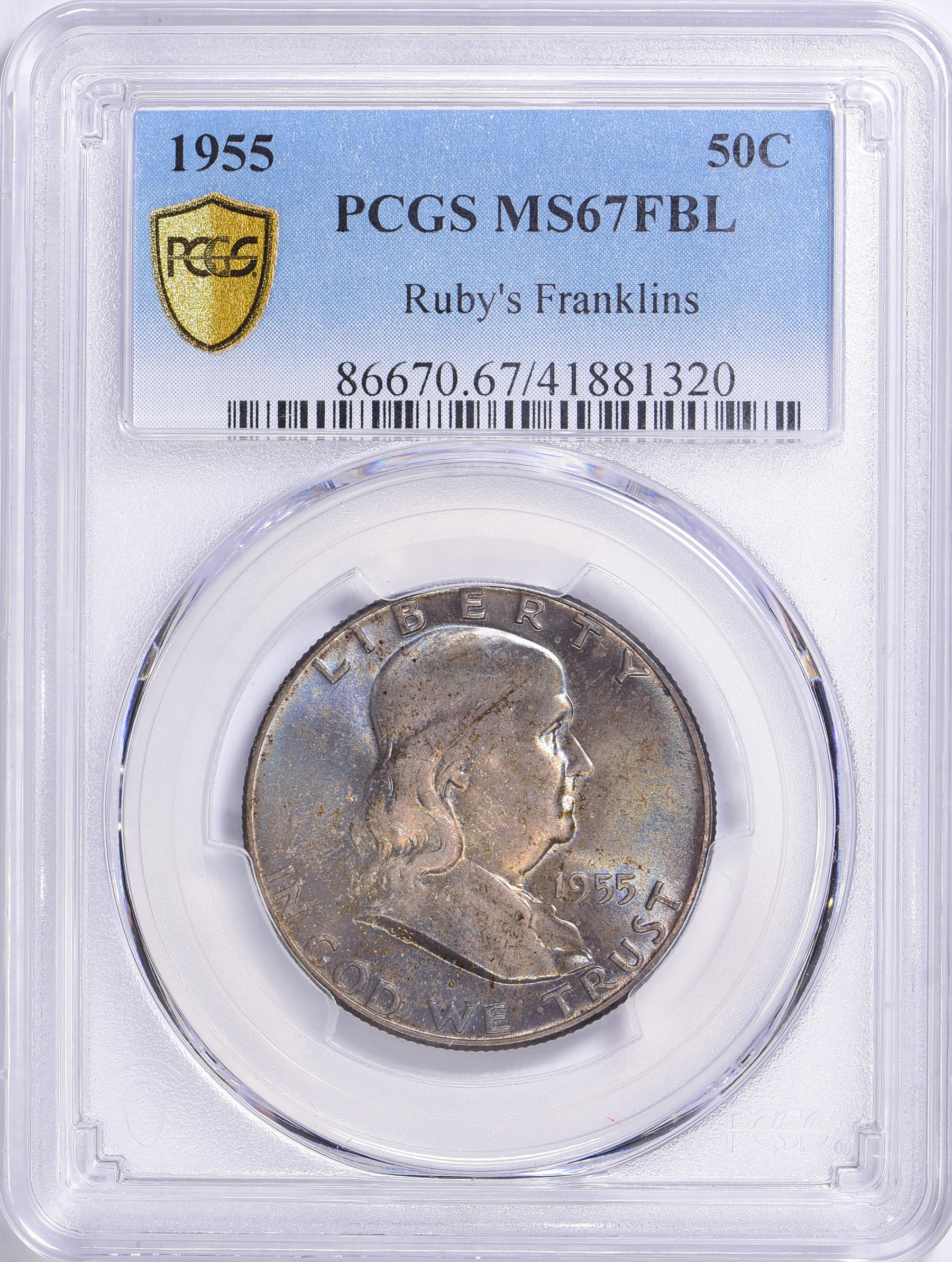 1955 Franklin Half Dollar PCGS MS-67 FBL (Toned) (Ruby's Franklins Collection) (Item 1637086 ...