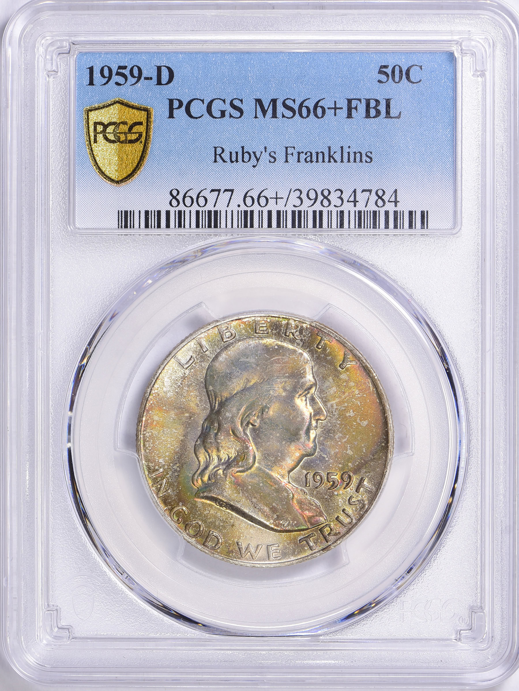 1959-D Franklin Half Dollar PCGS MS-66+ FBL (Toned) (Ruby's Franklins ...