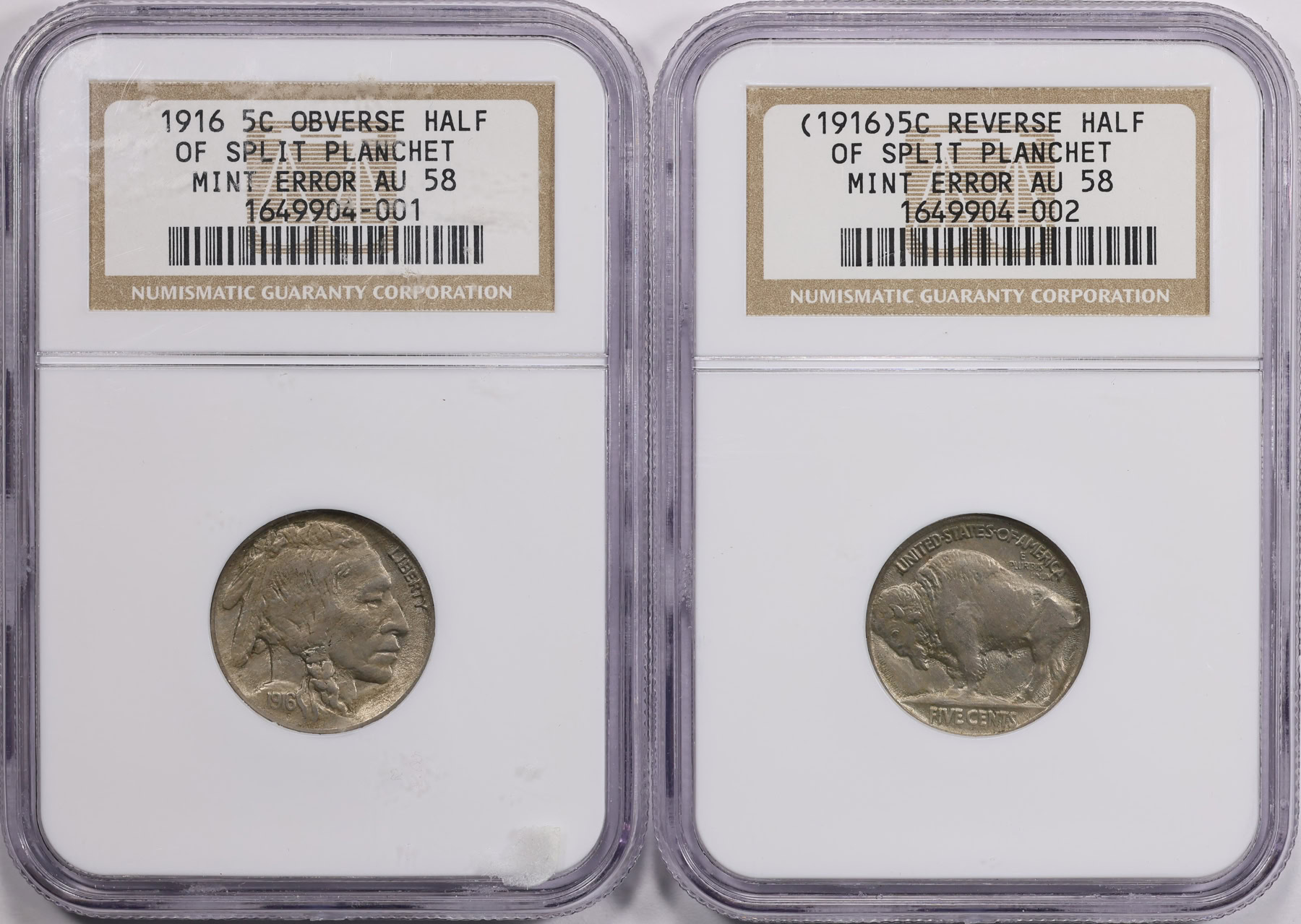 Mint Error 1916 Buffalo Nickel Split Planchet Pair NGC AU-58 (2 Coins) | NGC Cert #1649904-001 ...