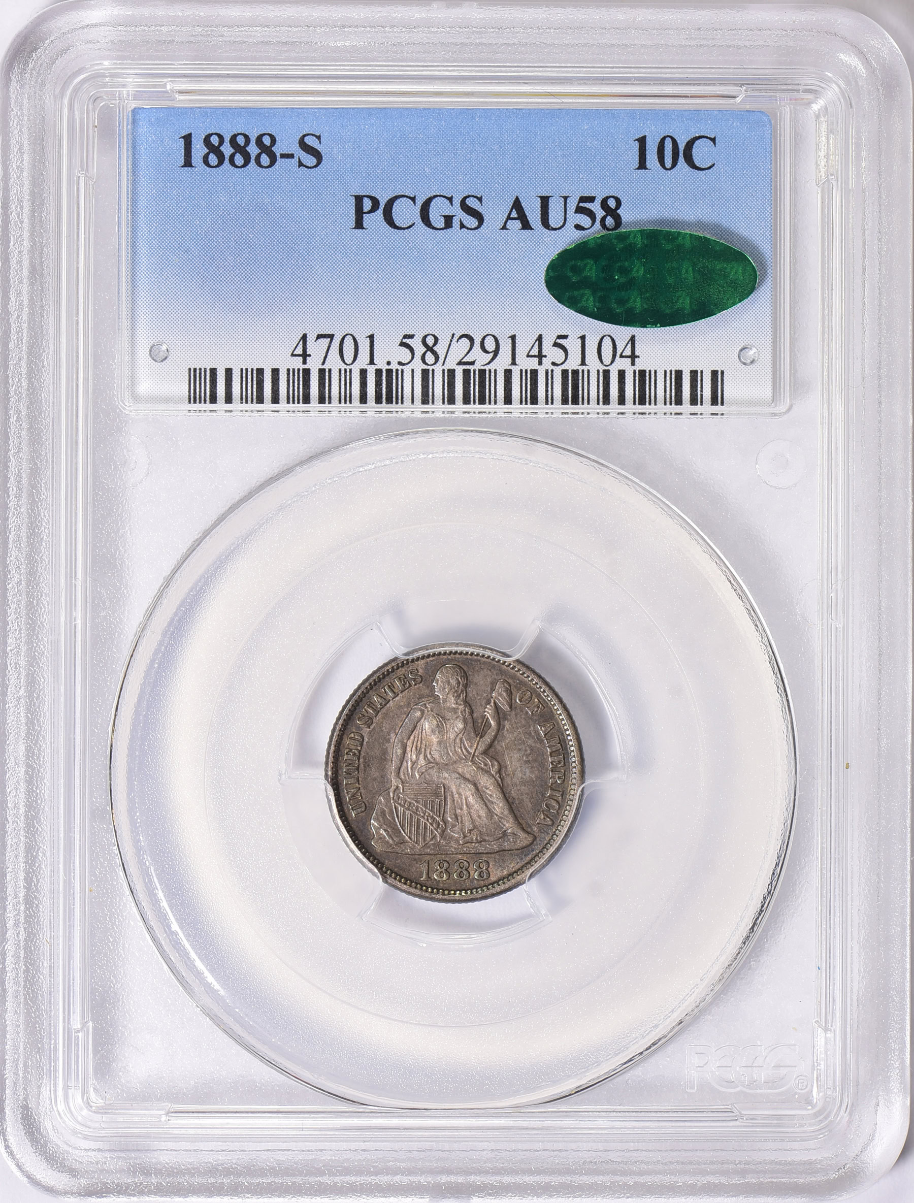 1888-S Seated Liberty Dime PCGS AU-58 (CAC Green) (Toned) (Item 1637580) | GreatCollections Coin ...