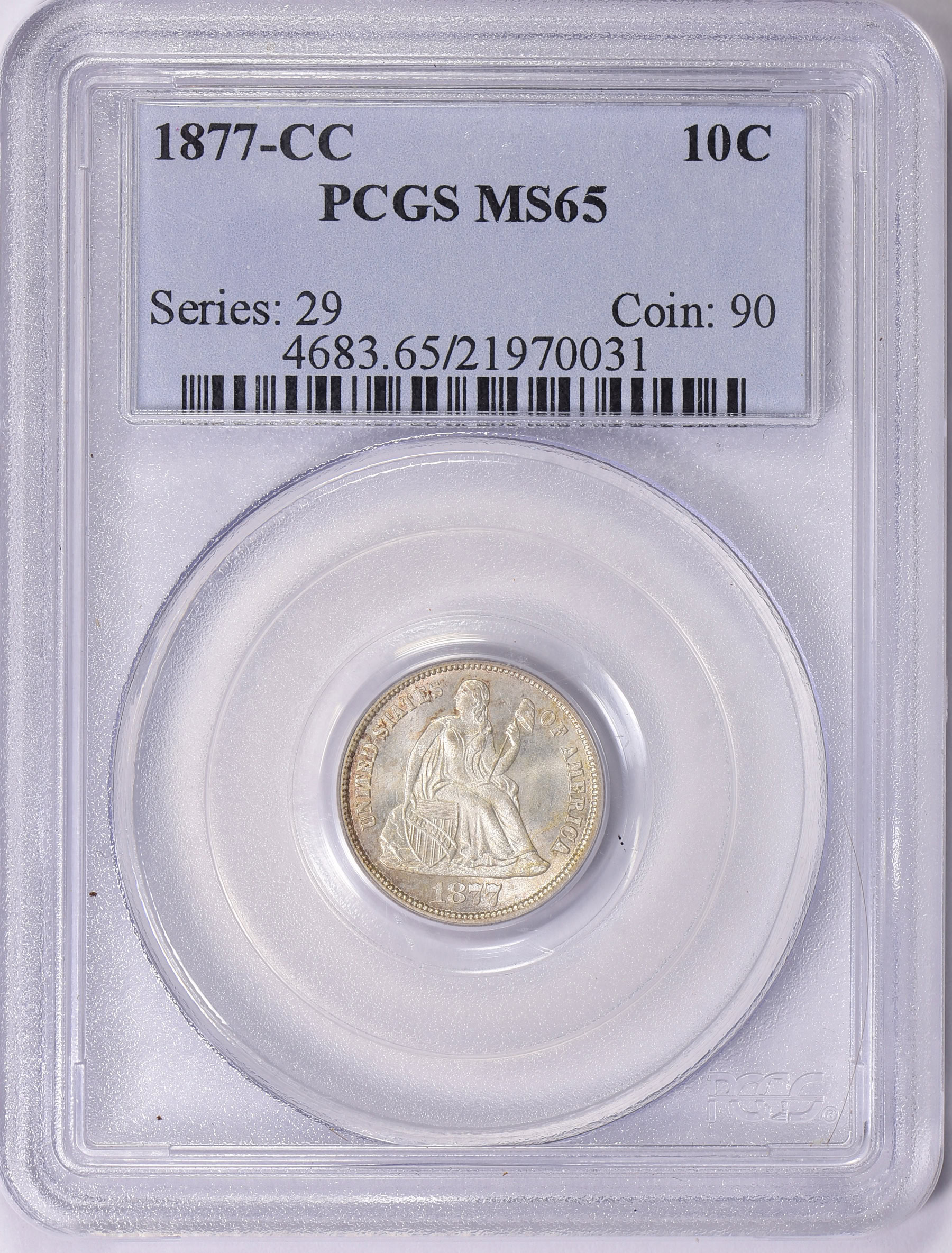 1877-CC Seated Liberty Dime PCGS MS-65 (Toned) (Item 1637590) | GreatCollections Coin Auctions