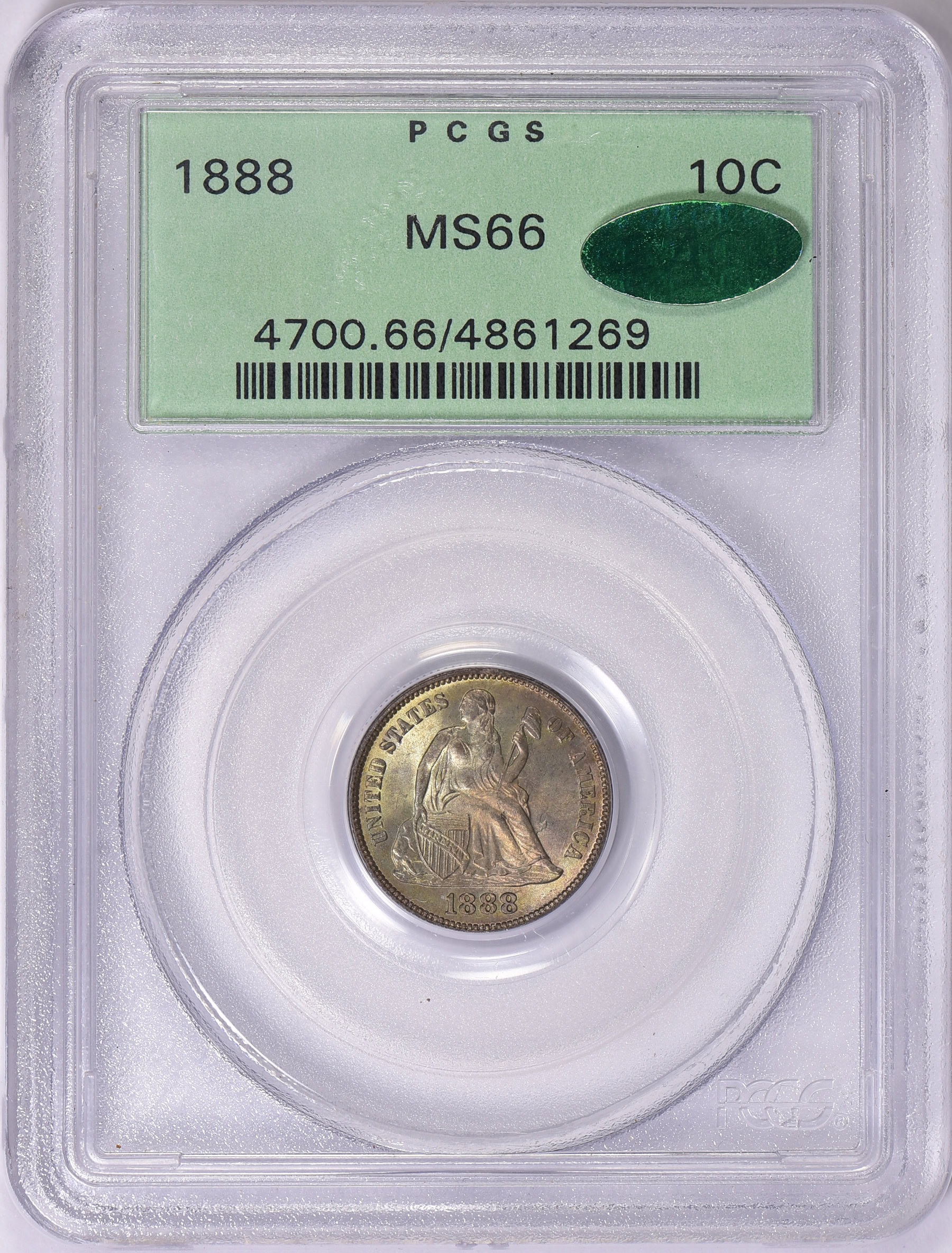 1888 Seated Liberty Dime PCGS MS-66 (CAC Green) OGH (Toned) (Item 1637595) | GreatCollections ...