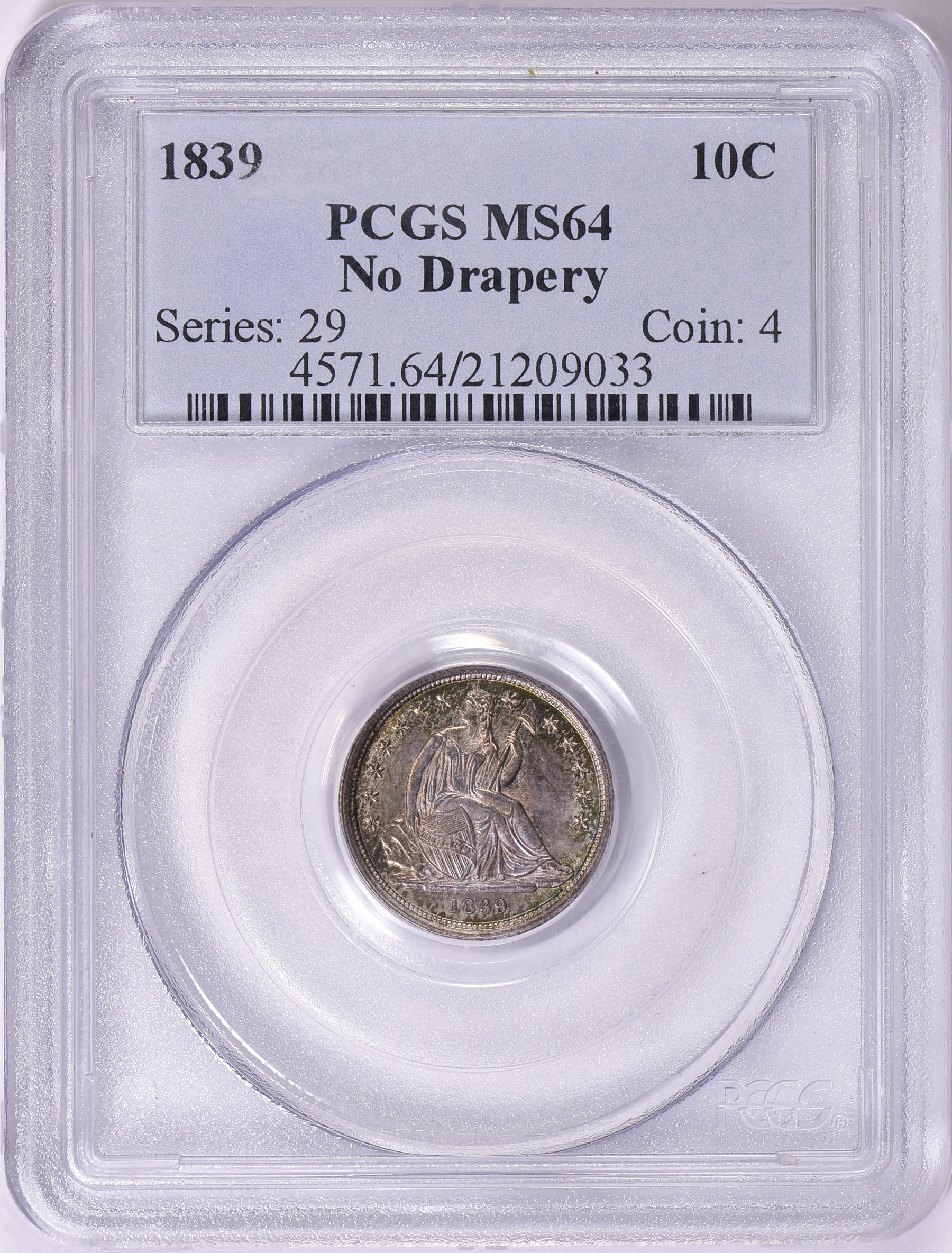 1839 Seated Liberty Dime No Drapery PCGS MS-64 (Toned) (Item 1637611) | GreatCollections Coin ...