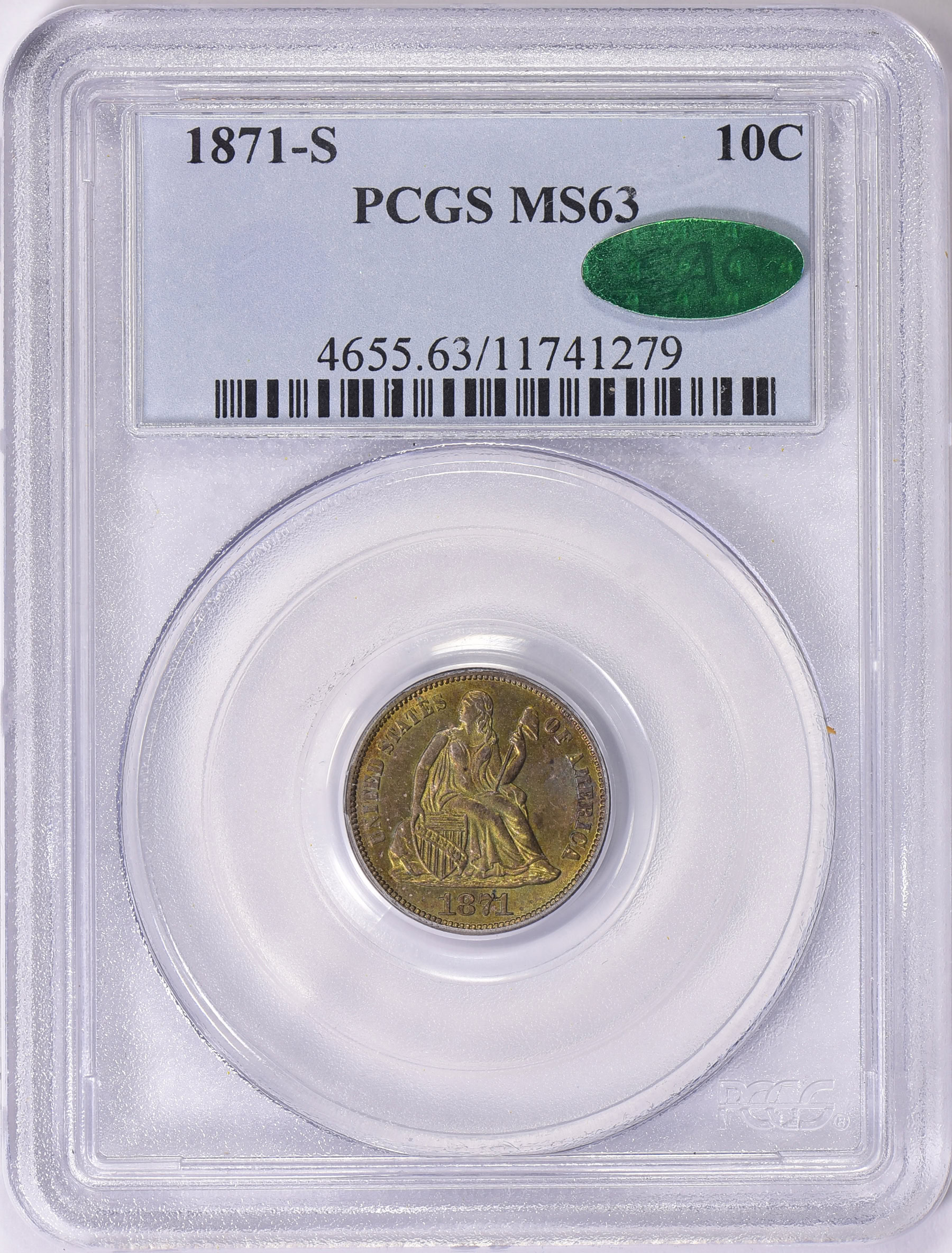 1871-S Seated Liberty Dime PCGS MS-63 (CAC Green) (Toned) (Item 1637615) | GreatCollections Coin ...