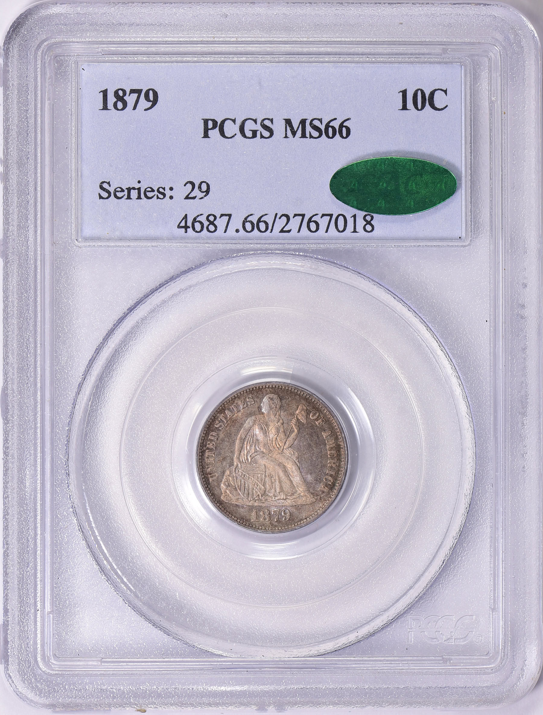 1879 Seated Liberty Dime PCGS MS-66 (CAC Green) (Toned) (Item 1637623 ...