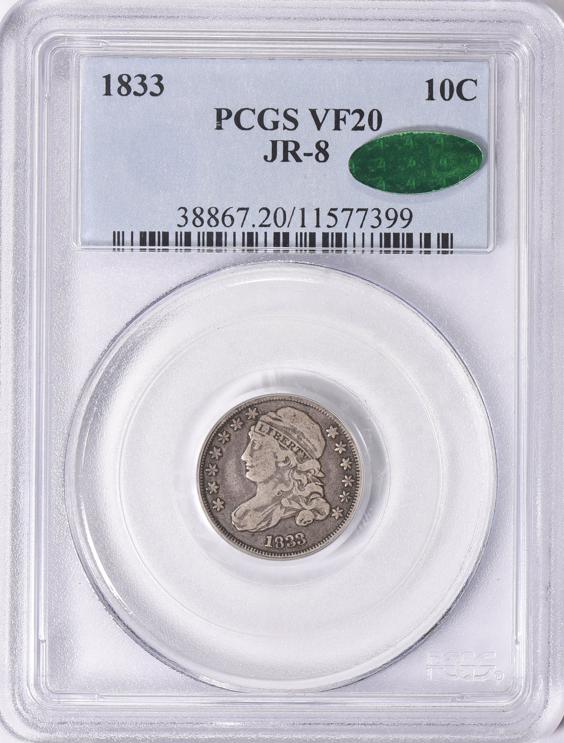 1833 Capped Bust Dime JR-8 PCGS VF-20 (CAC Green) (Item 1637646 ...