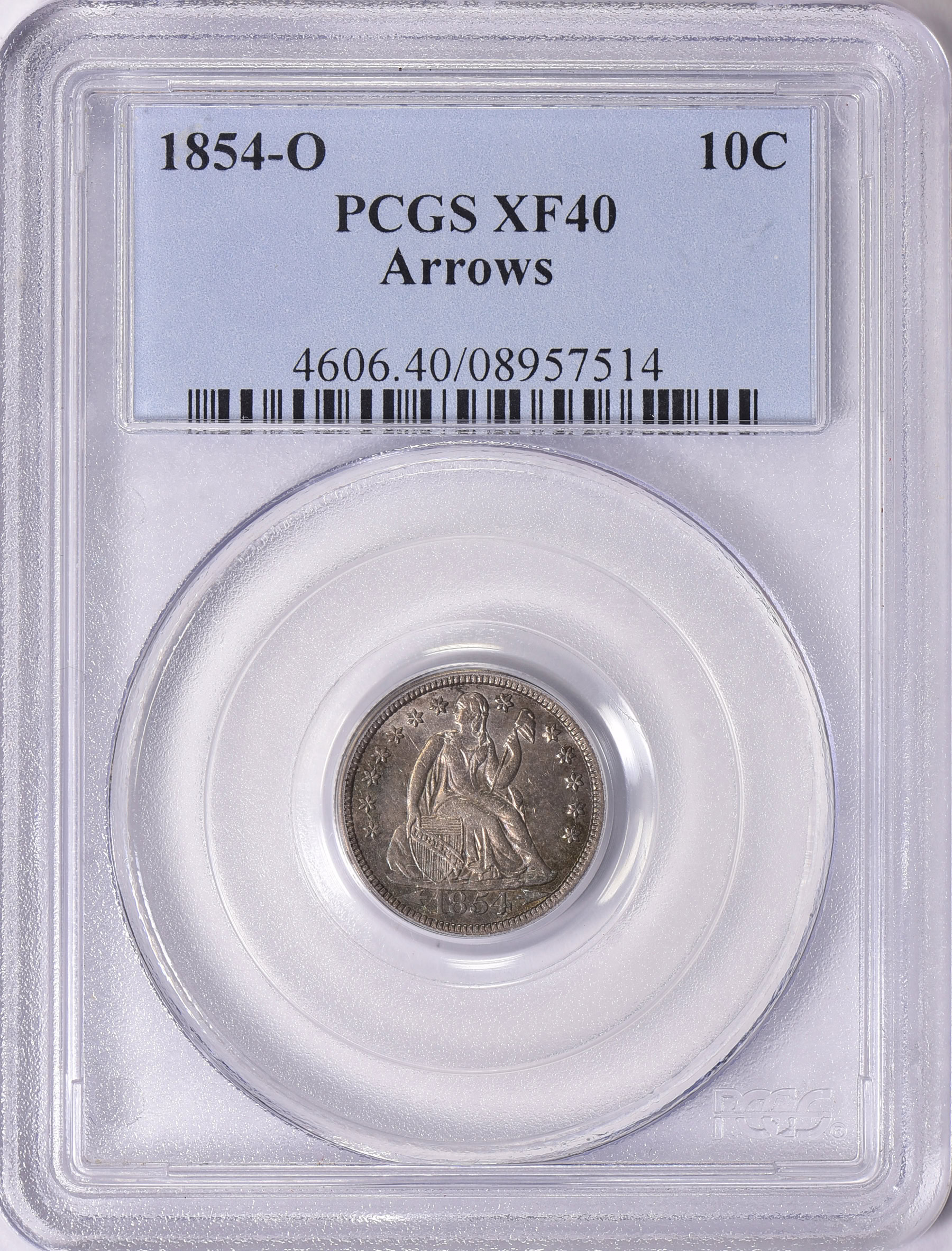 1854-O Seated Liberty Dime Arrows PCGS XF-40 (Toned) (Item 1637665) | GreatCollections Coin Auctions