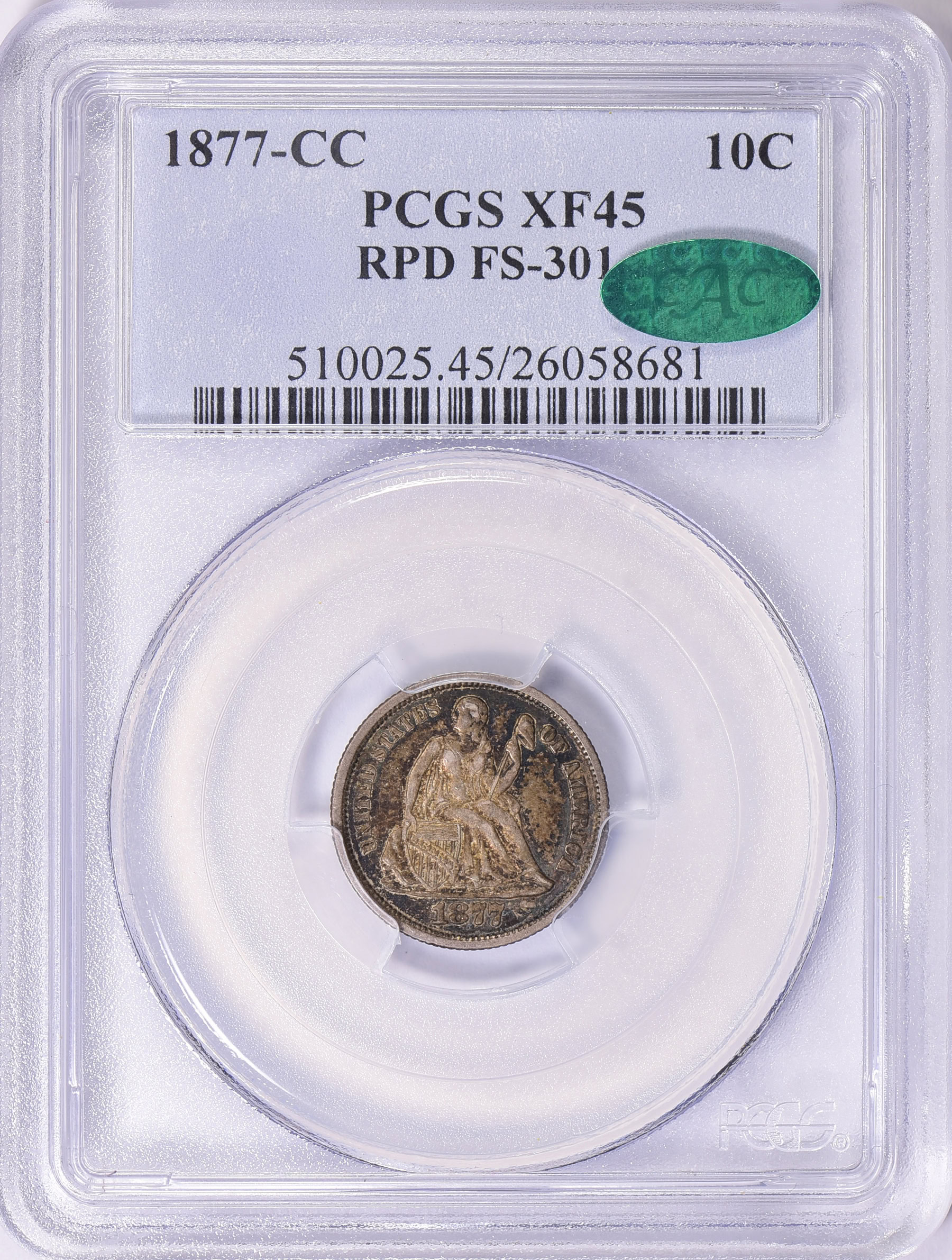 1877-CC Seated Liberty Dime Repunched Date FS-301 PCGS XF-45 (CAC Green) (Item 1637671 ...