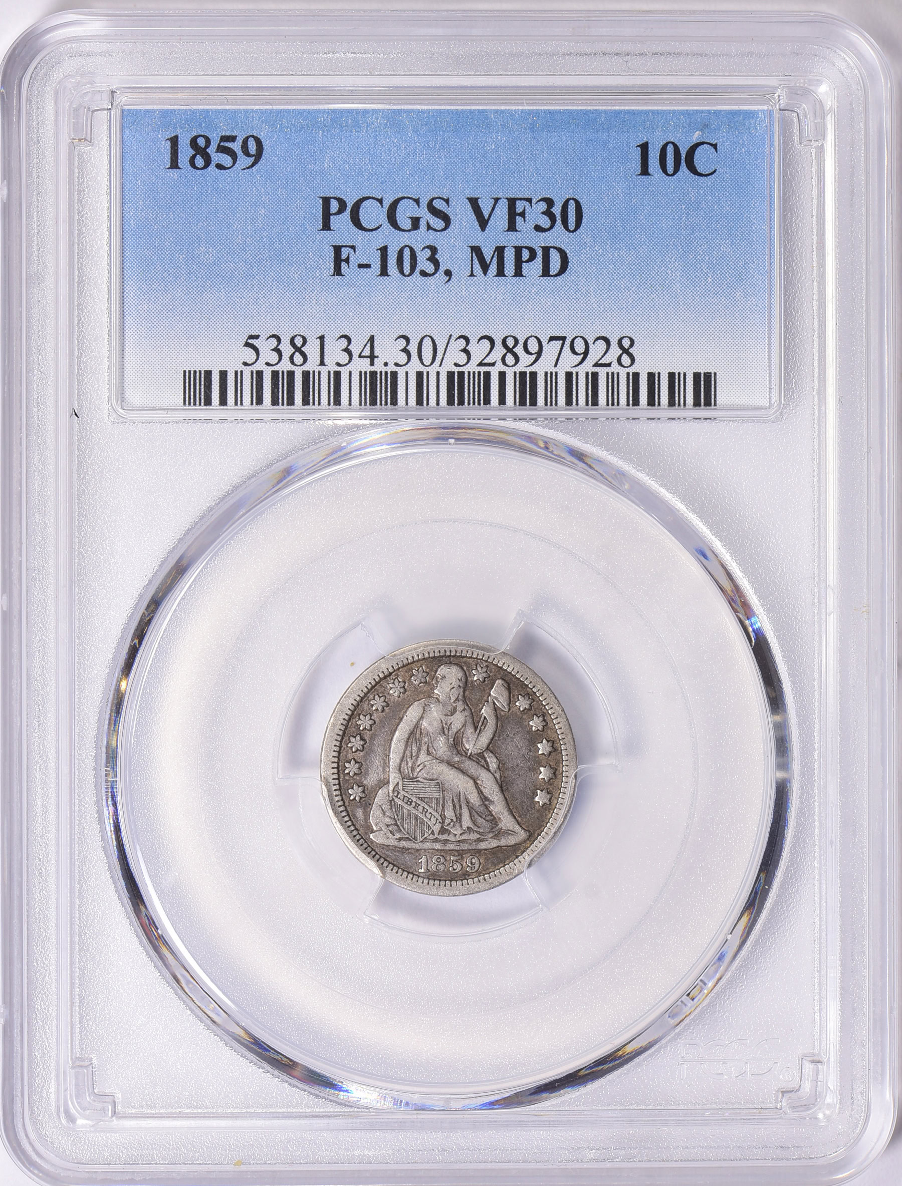 1859 Seated Liberty Dime Misplaced Date F-103 PCGS VF-30 (Item 1637692) | GreatCollections Coin ...