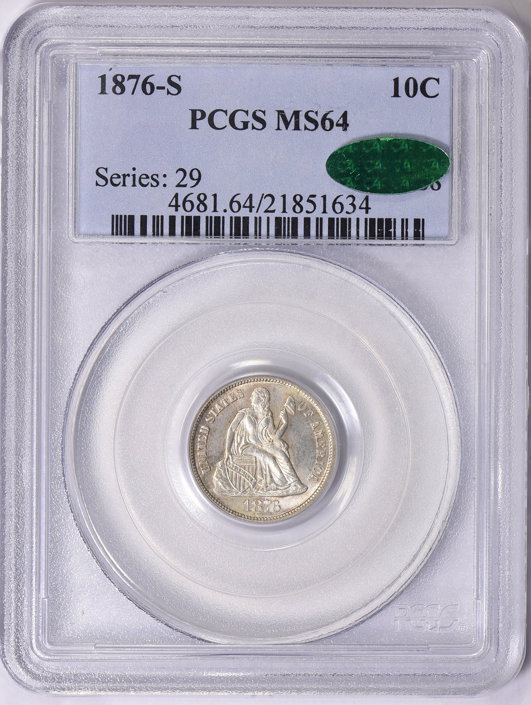 1876-S Seated Liberty Dime PCGS MS-64 (CAC Green) (Item 1637730) | GreatCollections Coin Auctions